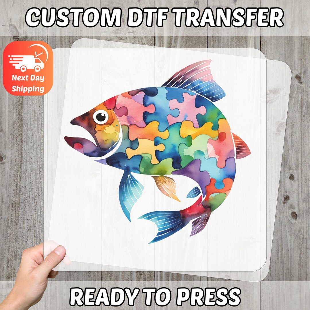 Puzzle Fish Iron-on Decal, Autism Awareness Watercolor DTF Transfer ...