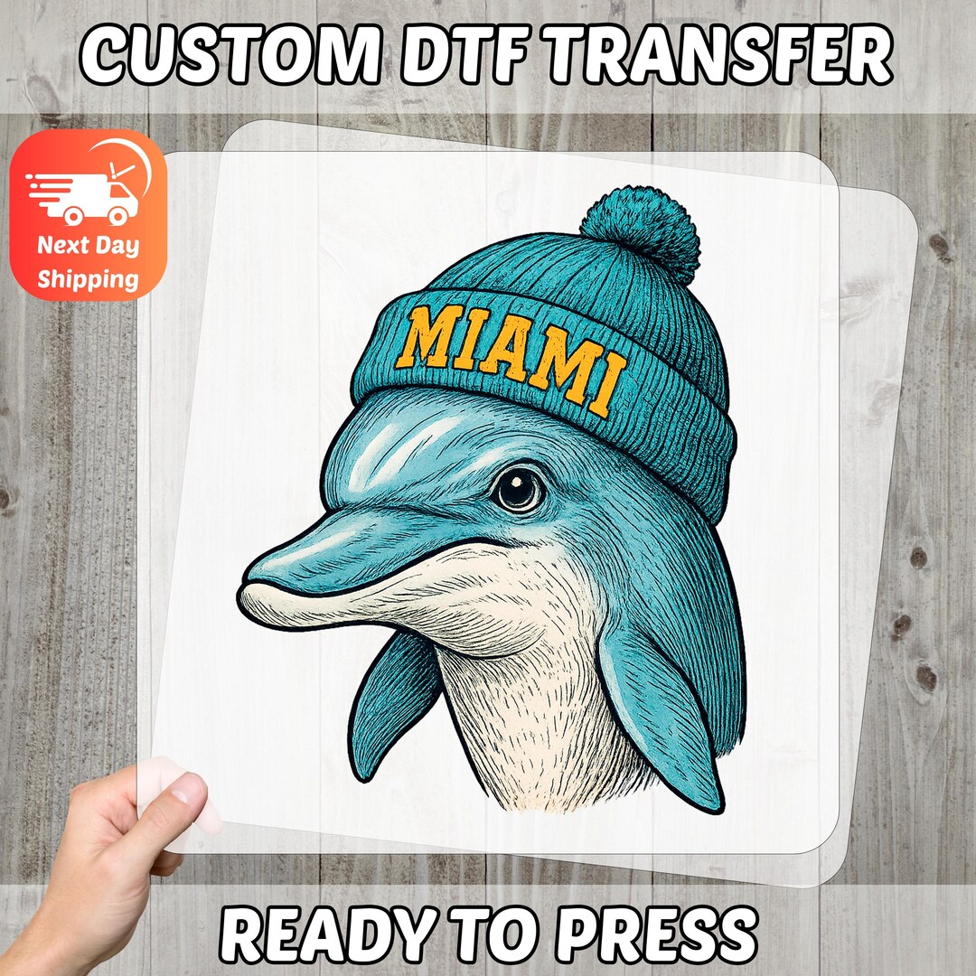 Miami DTF Transfer, Dolphin Beanie Animal DTF Transfer Cute Ocean Life ...