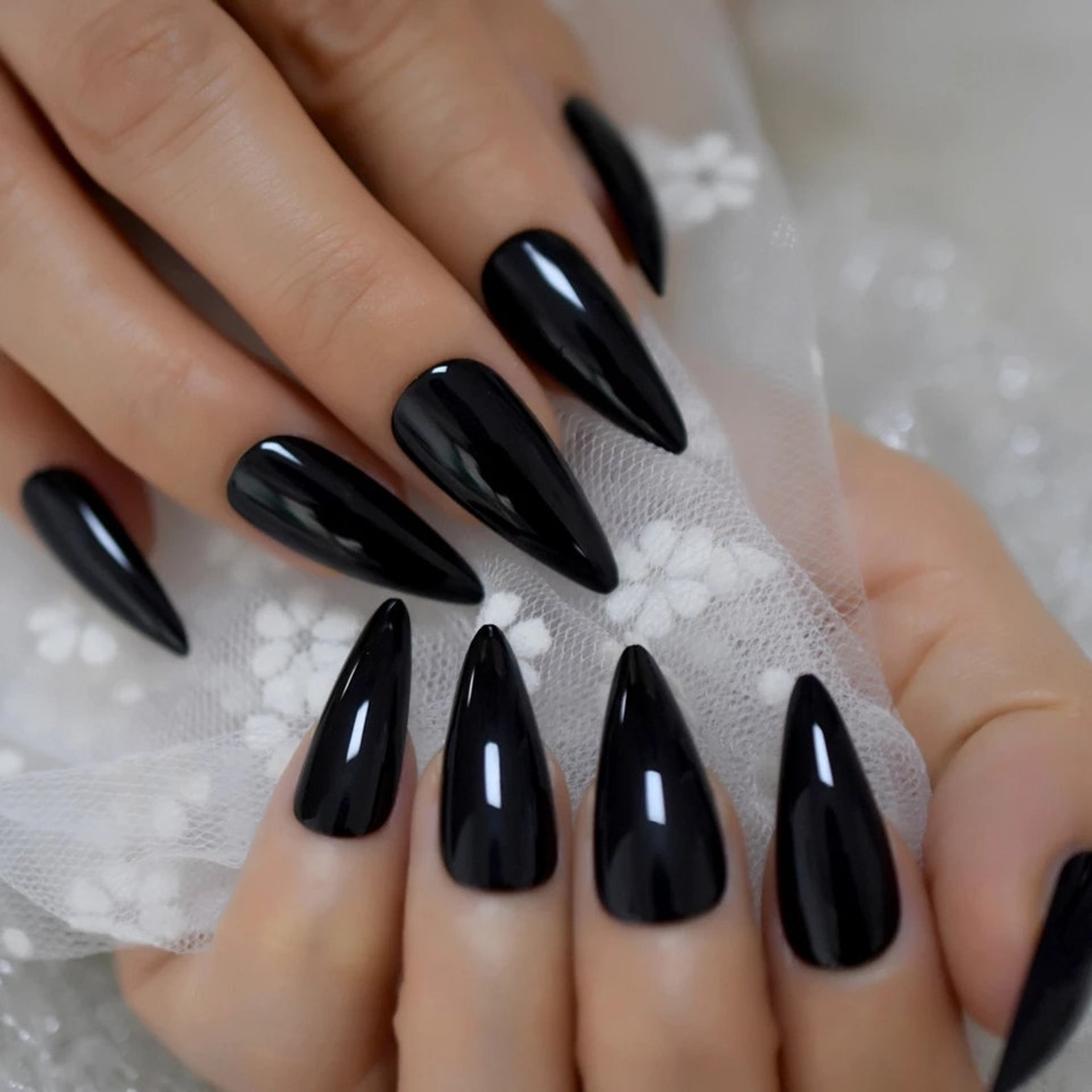 Glossy Black Stiletto Long Press On Nails Witchy Goth Alt Etsy