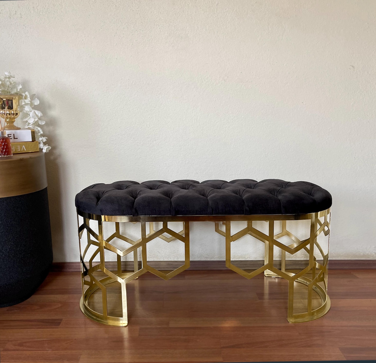 Gold Oval Ottoman Bench, 40x100 Cm Laser Cut Velvet Stool, Luxury ...