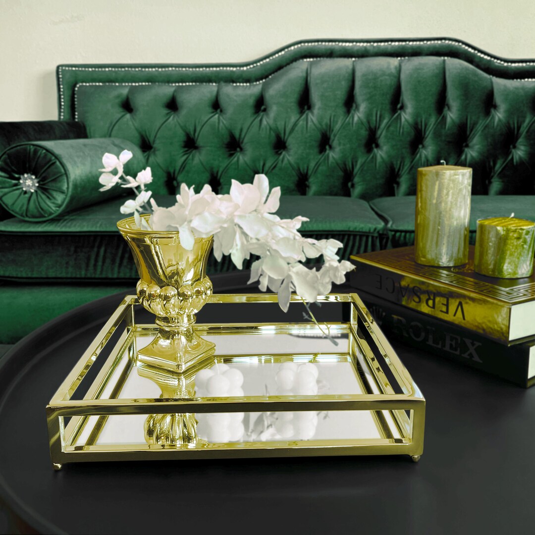 Gold Metal Mirrored Tray, Rectangular Decorative Serving Tray for ...