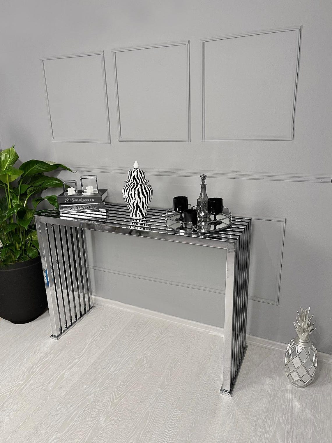 Modern Chrome Console Table, Sleek Entryway Furniture, Narrow Hallway ...