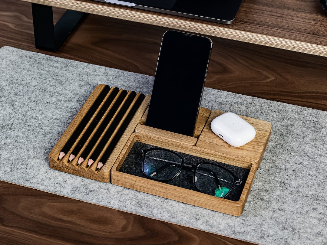 Office Desk Organizer Set: Wooden Catch All Trays Pen Holder Sticky ...