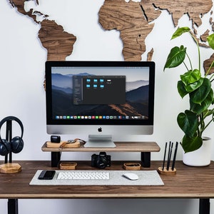 Dual Monitor Stand for Desk | Wooden Monitor Riser | Walnut Desk Shelf ...