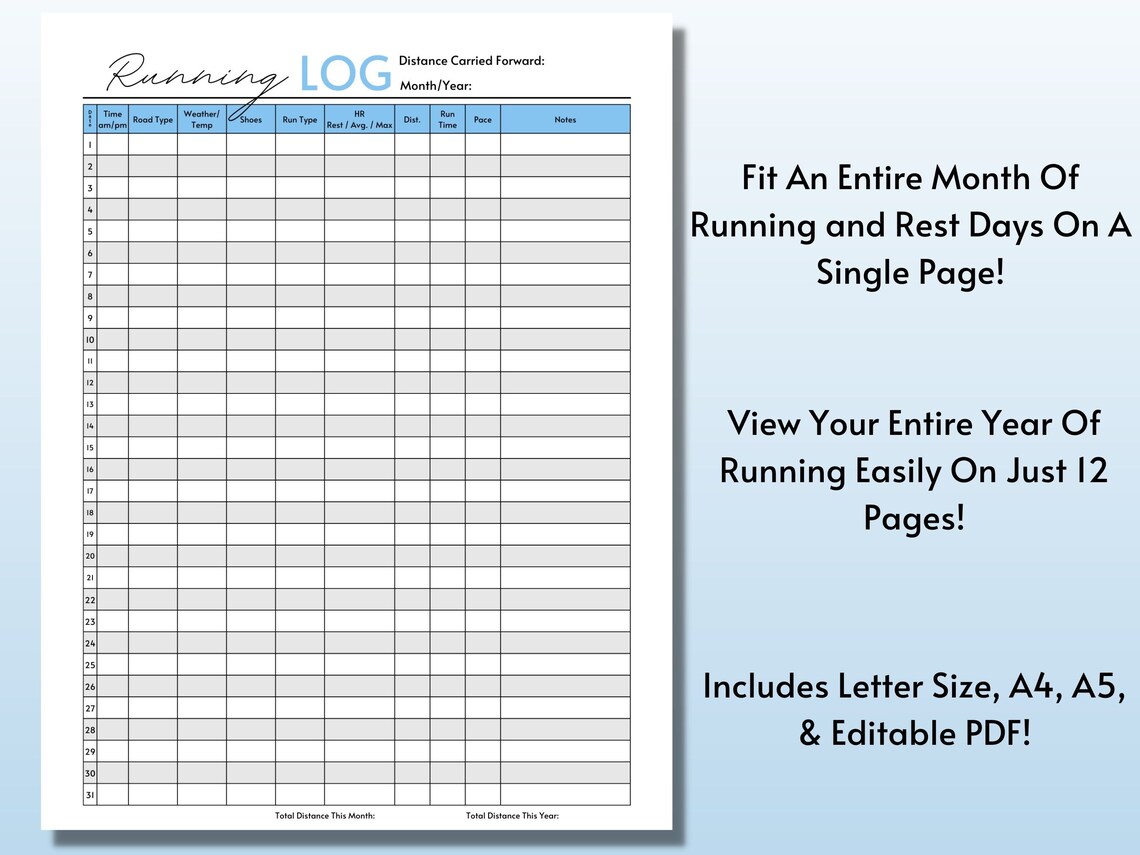 Running Log | Running Tracker | Monthly Running Log | Printable Run Log ...