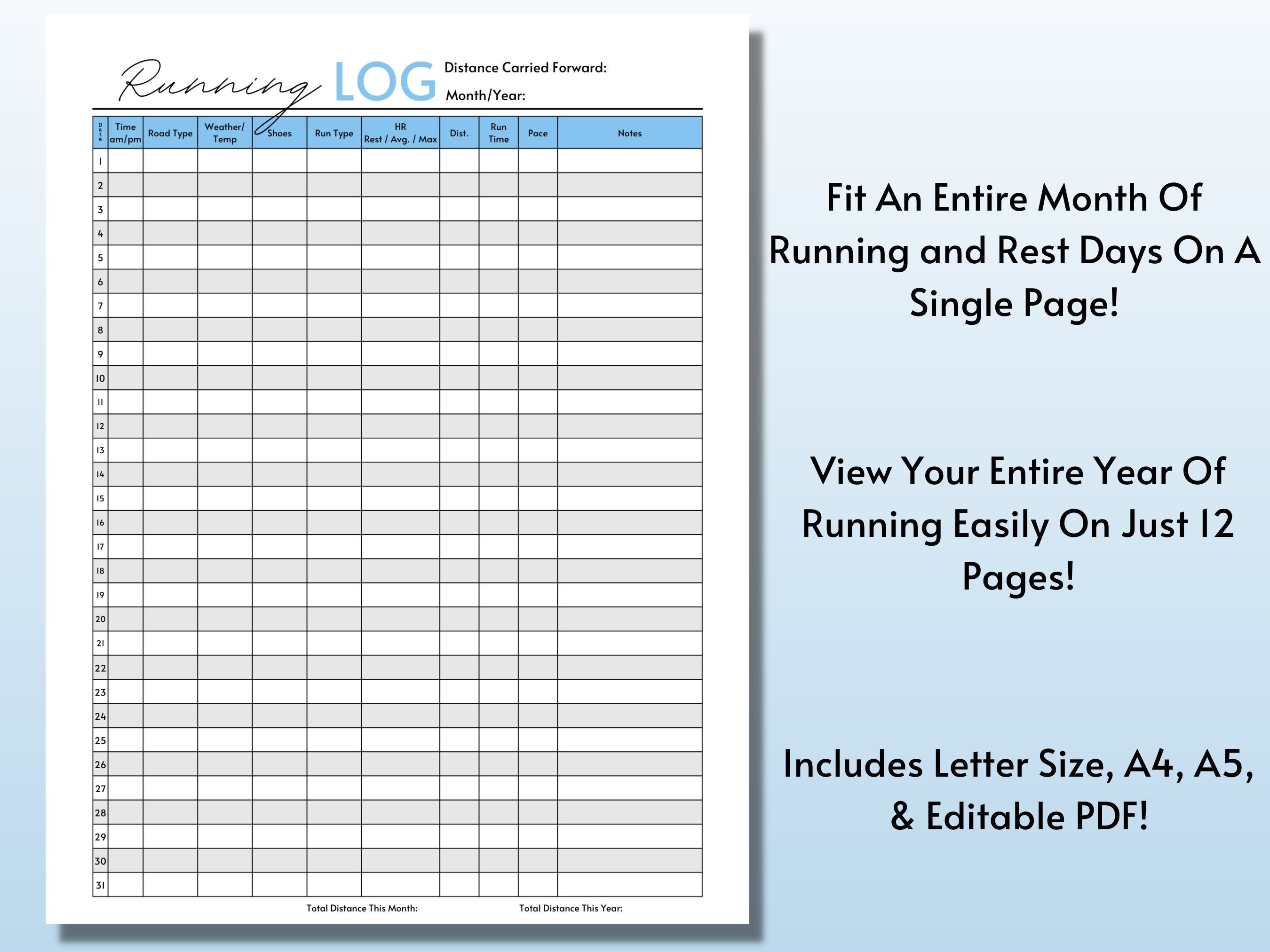 Running Log | Running Tracker | Monthly Running Log | Printable Run Log ...