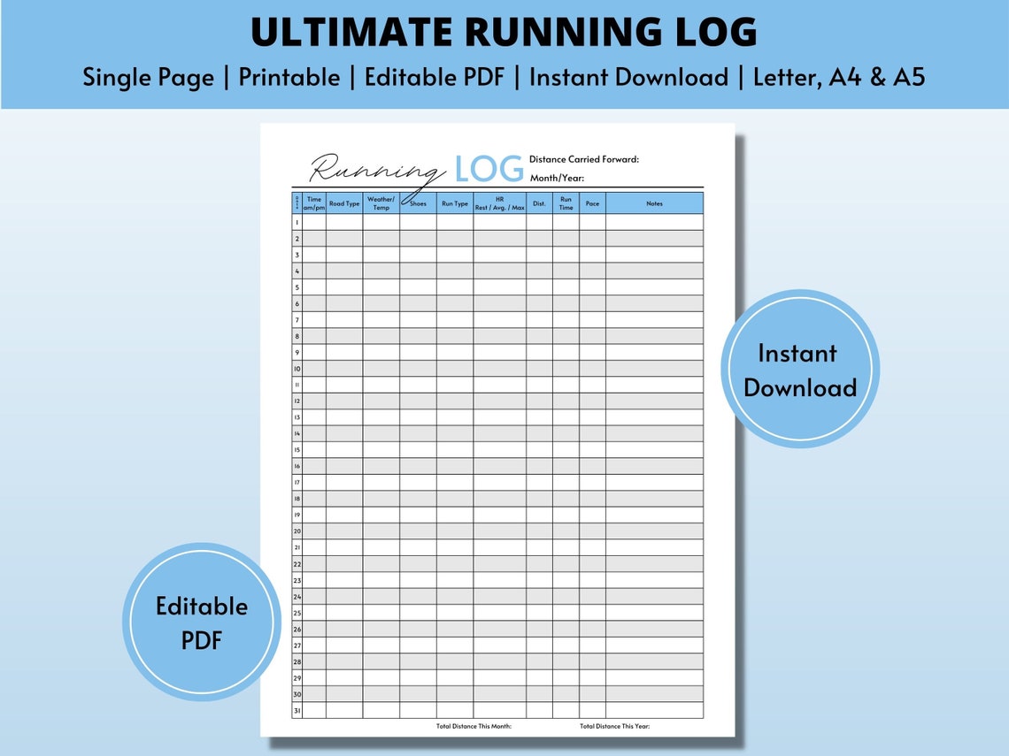 Running Log | Running Tracker | Monthly Running Log | Printable Run Log ...