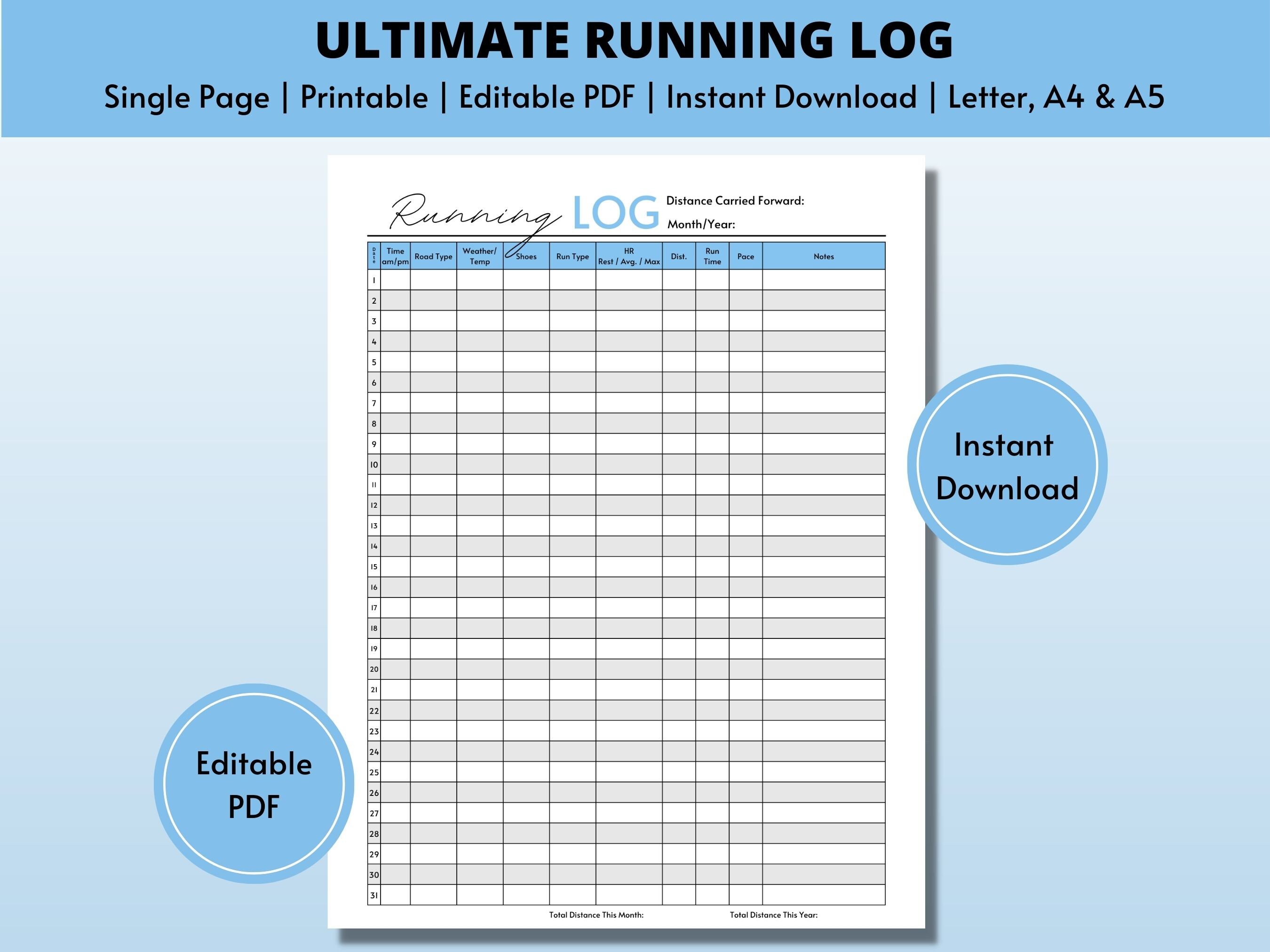 Running Log | Running Tracker | Monthly Running Log | Printable Run Log ...