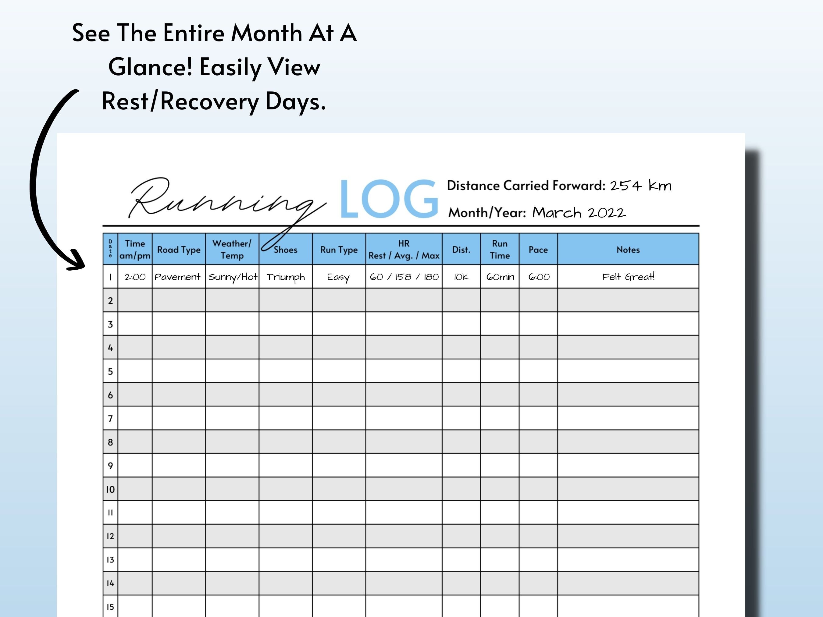 Running Log | Running Tracker | Monthly Running Log | Printable Run Log ...