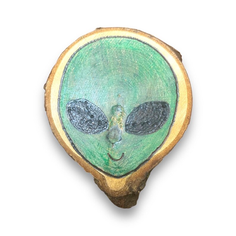 Wood Burned Green Alien Kitchen Fridge Magnet. Birch Live Edge Sci-fi ...