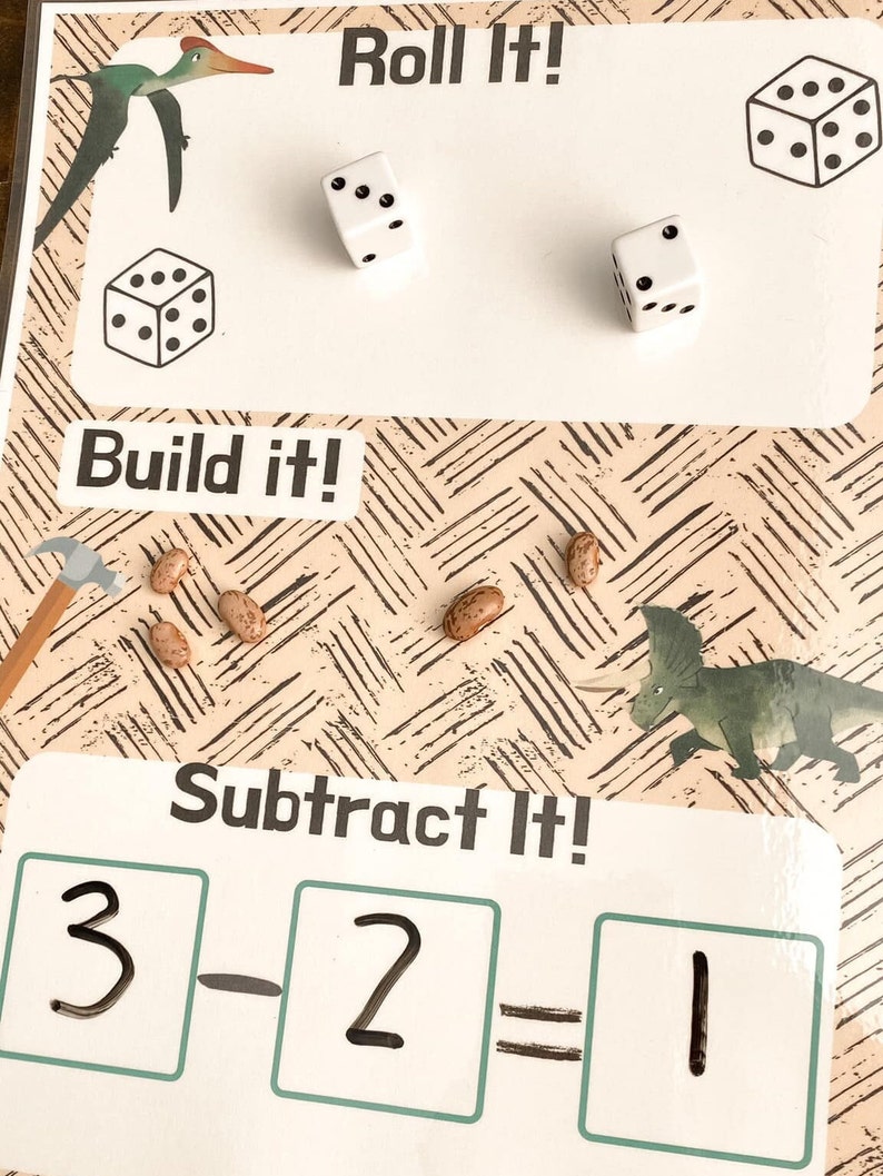 Dinosaur Addition and Subtraction Roll It, Build It Add It Mats - Etsy