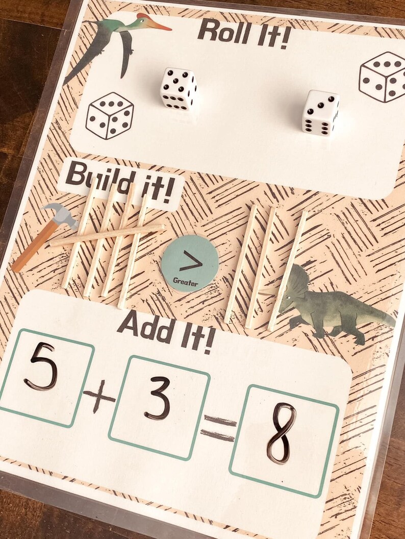 Dinosaur Addition and Subtraction Roll It, Build It Add It Mats - Etsy