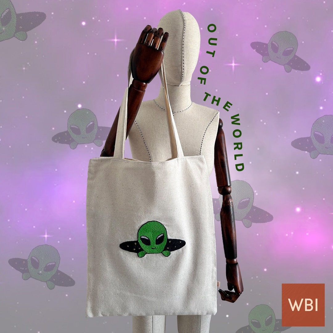 Space Theme Punch Needle Embroidered Natural Canvas Tote Bag, Shopping ...