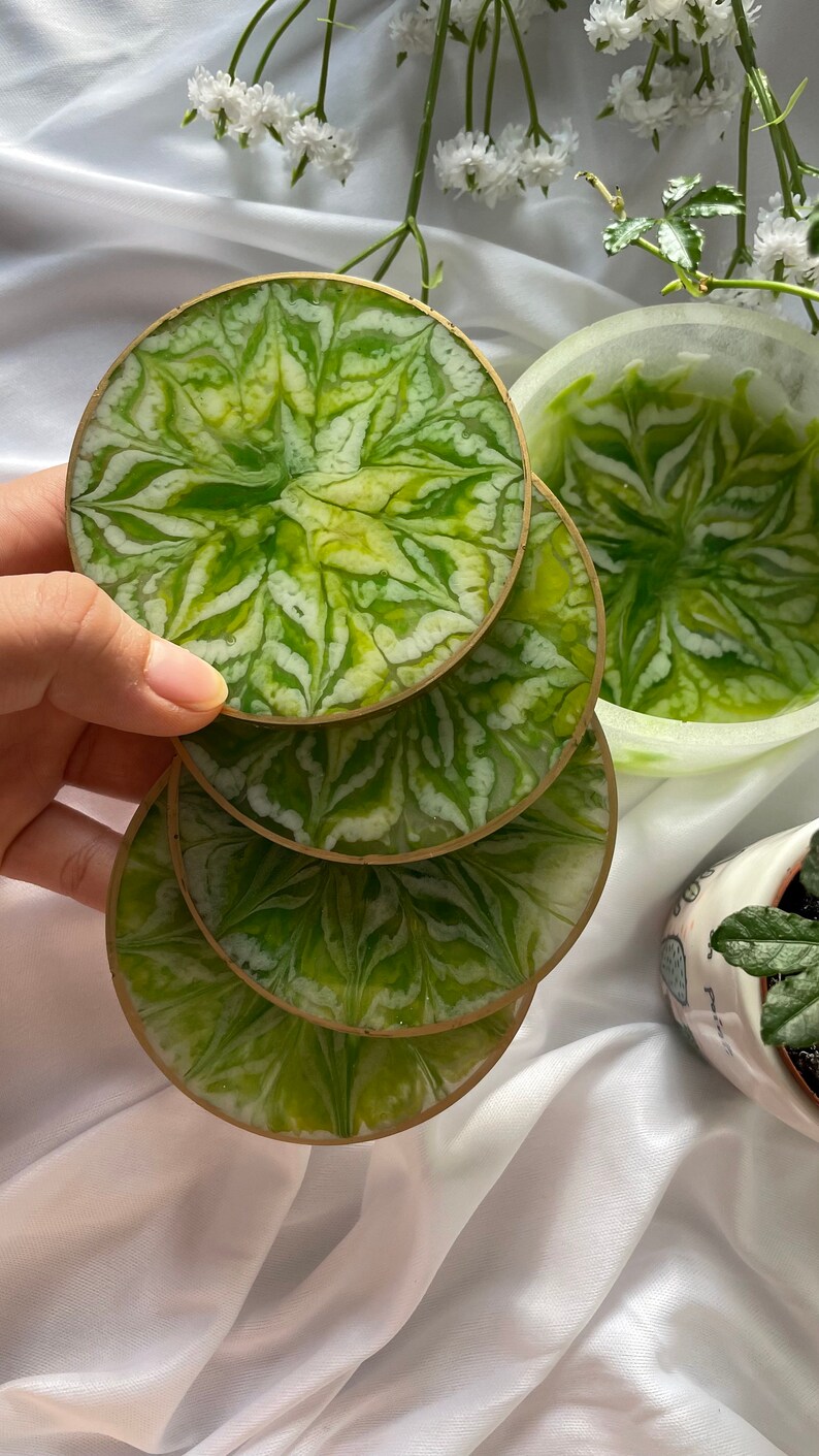 small coasters green flower design golden accent Green epoxy resin ...