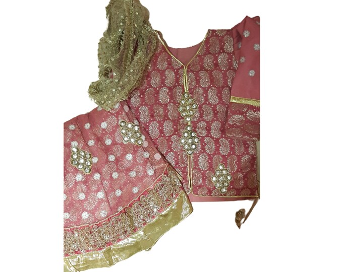 Ivory Gold Floral Lehenga Girl Indianwear Traditional Kid Lengha Choli ...