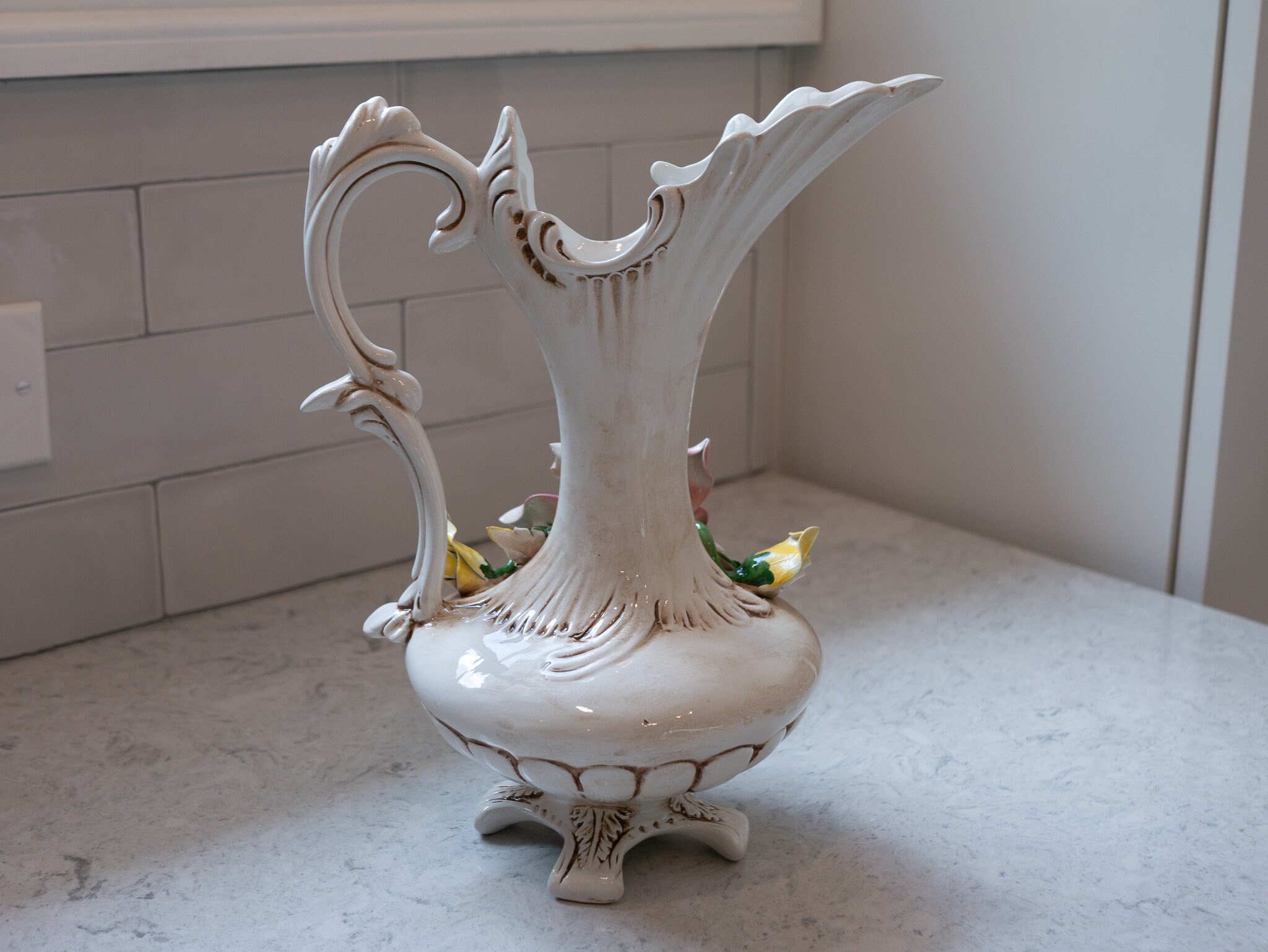 12 Capodimonte Floral Pitcher Ewer Vase Yellow Rose Pink Italian ...