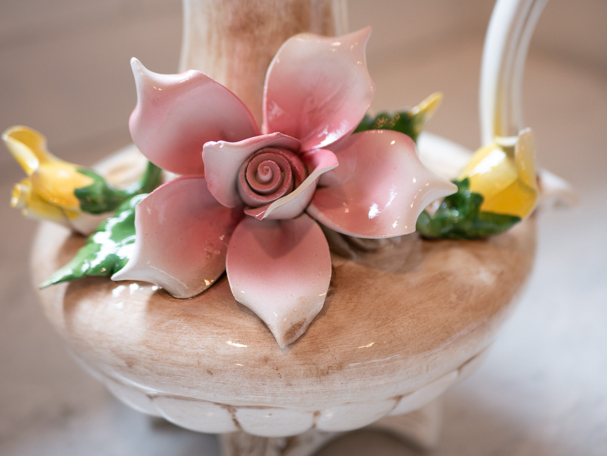 12 Capodimonte Floral Pitcher Ewer Vase Yellow Rose Pink Italian ...