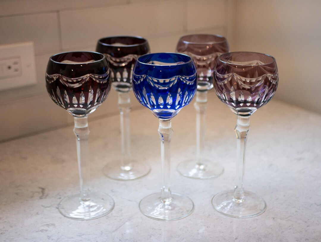 Set of 5 - Vintage Czech Bohemian Cut-to-clear Crystal Wine Glasses ...