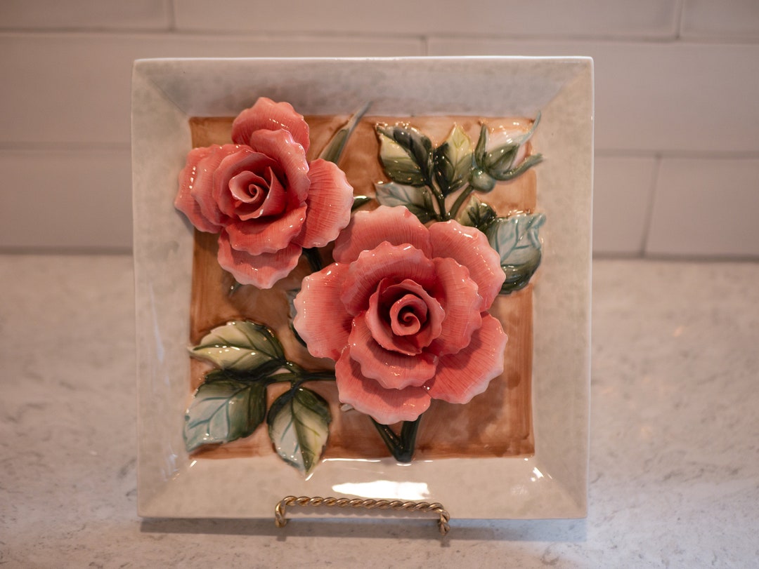 1950s 3D Rose Floral Tile Realistic Capodimonte Style Hand-painted ...