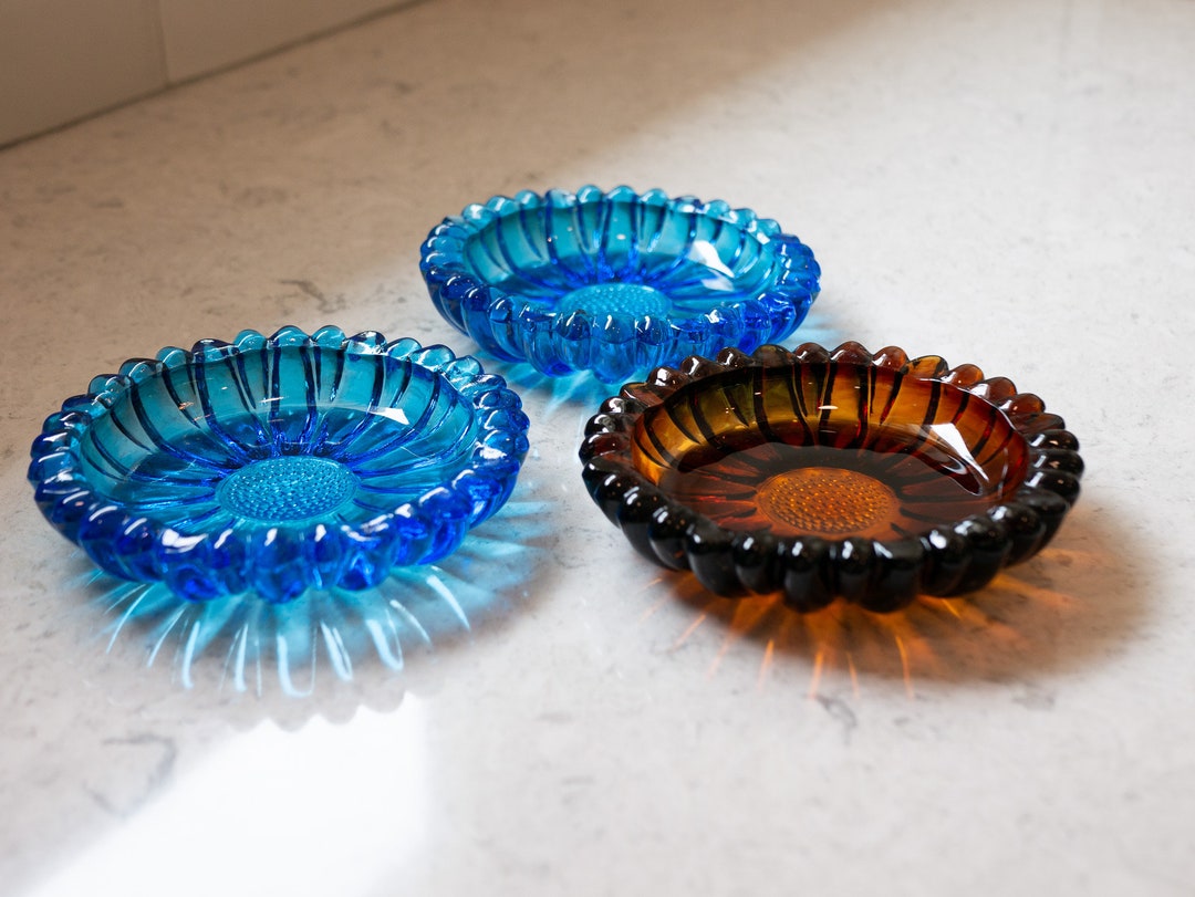 Choose 5 Hazel Atlas Blue Amber Glass Sunflower Ashtray Coaster Trinket ...