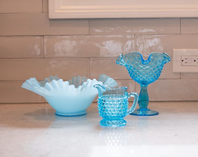 Choose - Fenton Hobnail Aqua Blue Glass Pieces - Fluted Ruffled Compote ...