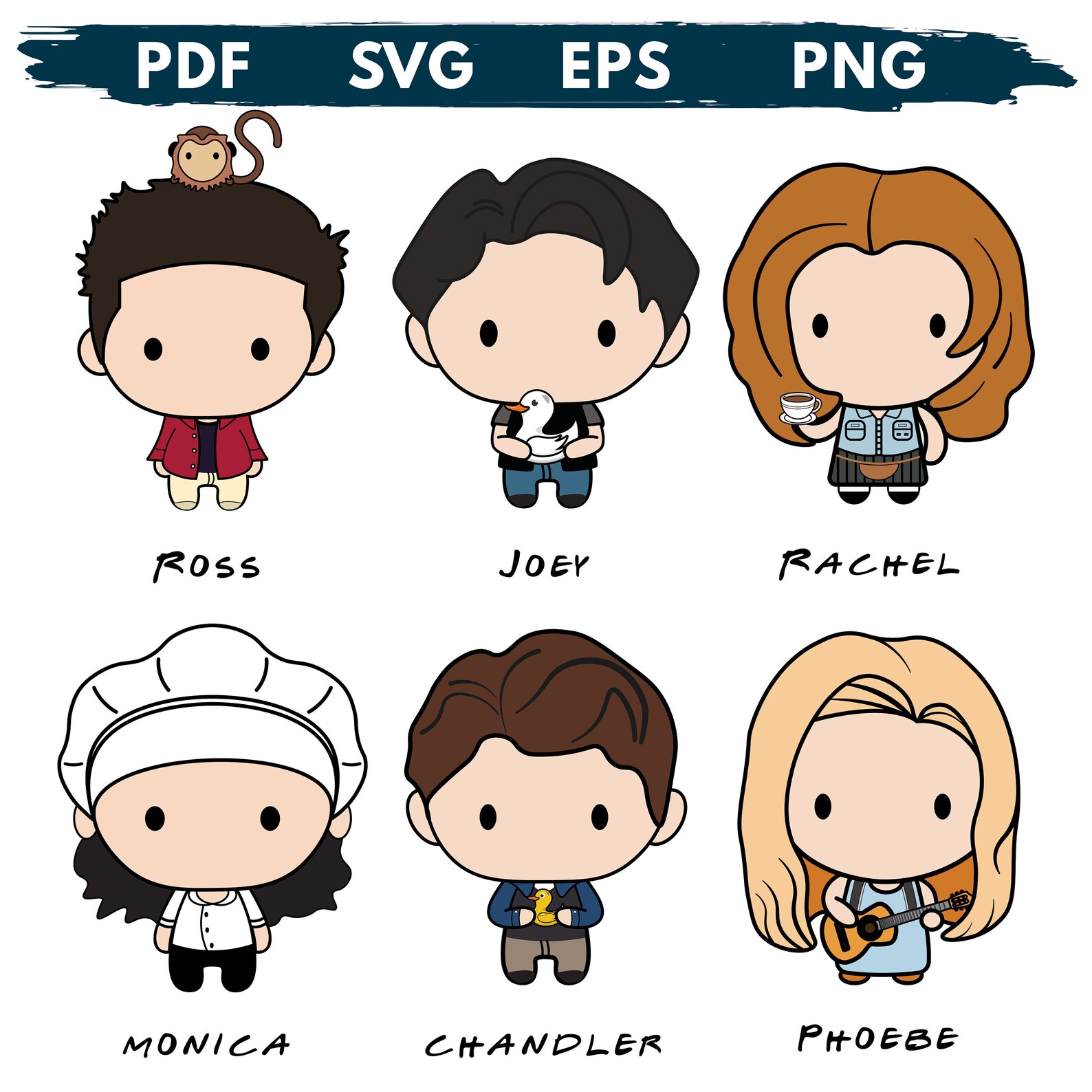 Chibi Friends Digital Cartoons Monica Ross Chandler Joey Rachel Phoebe ...