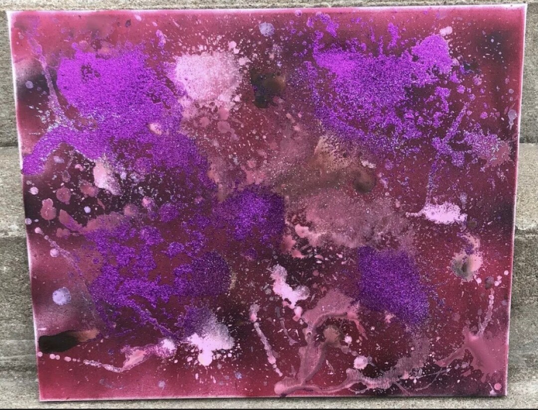 Lila Regen abstraktes Glitzer Gemälde Original Acryl 16x20 abstrakt ...