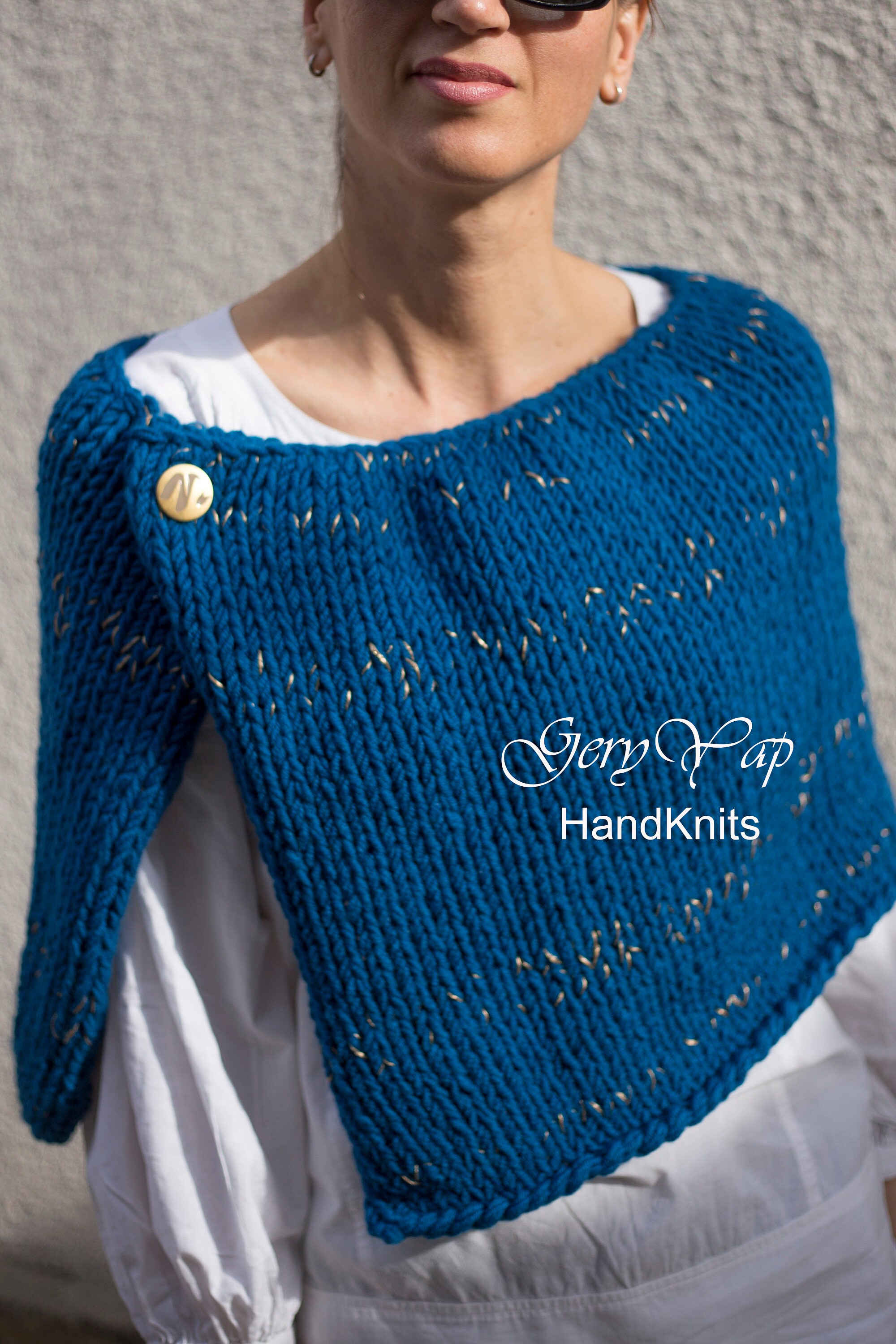 Women's Wool Acrylic Poncho Shrug Hand Knit Cape in Blue With Golden ...