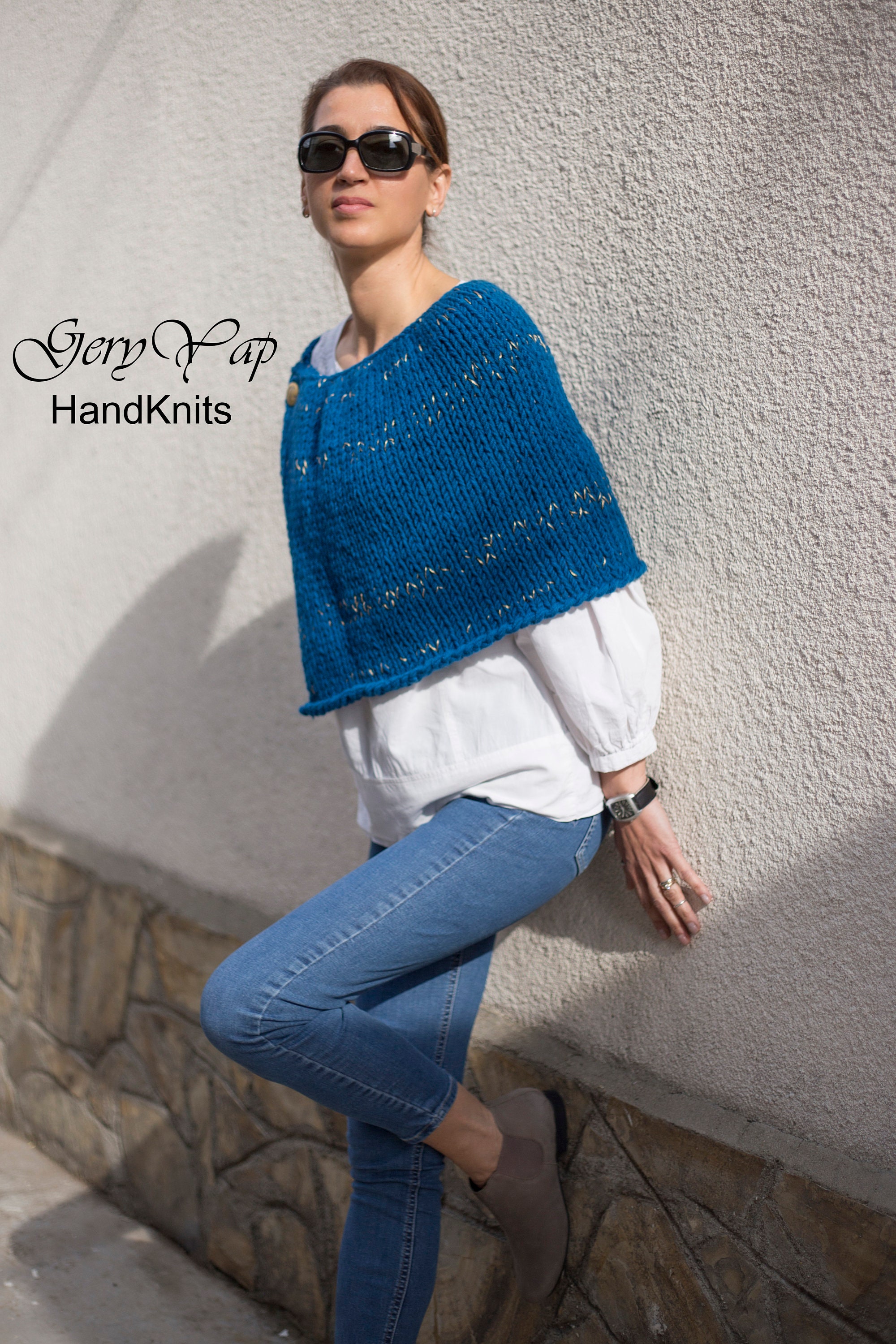 Women's Wool Acrylic Poncho Shrug Hand Knit Cape in Blue With Golden ...