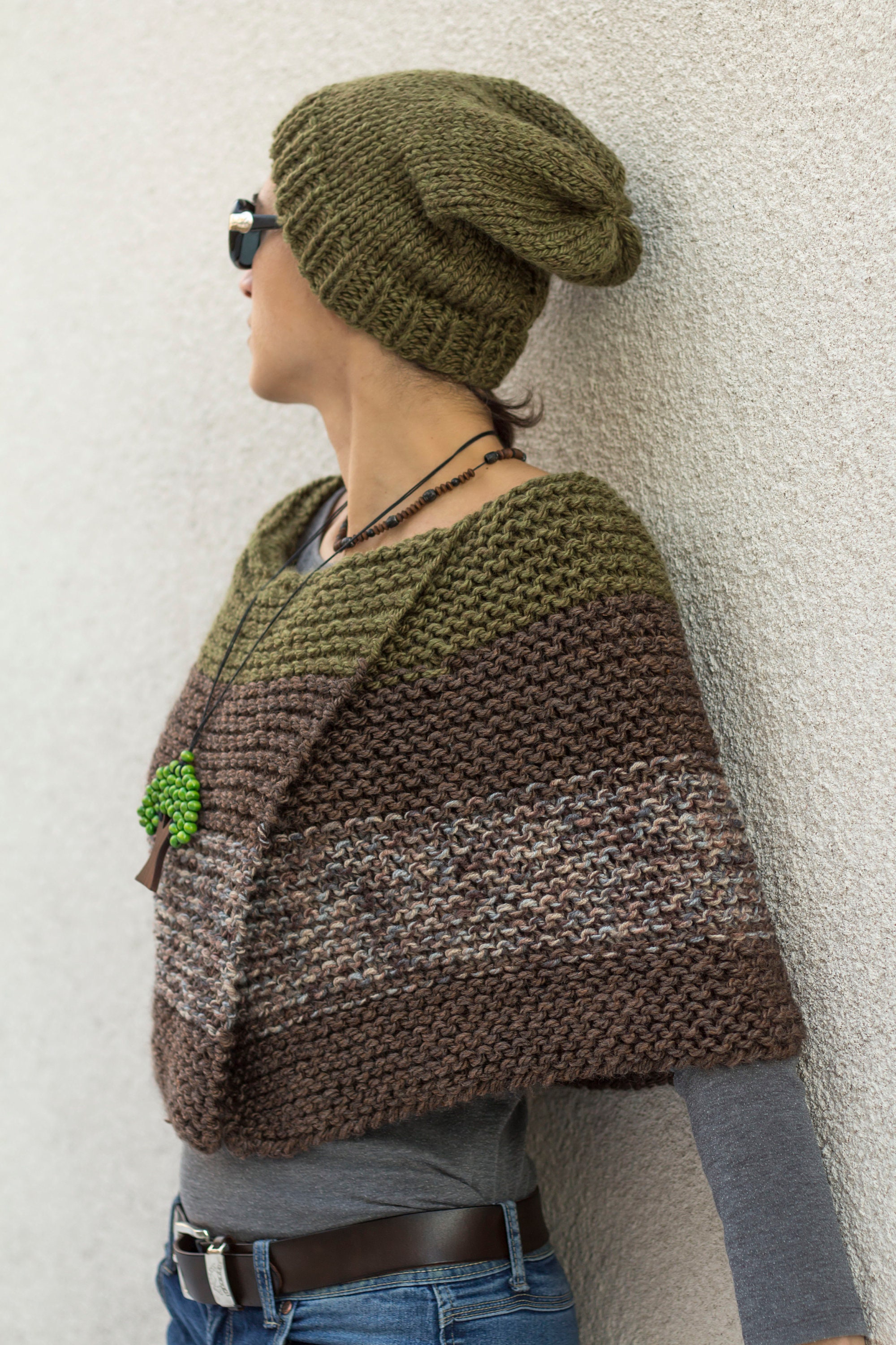 Women's Wool Poncho, Hand Knit Poncho, Stripped Poncho, Winter Hand ...