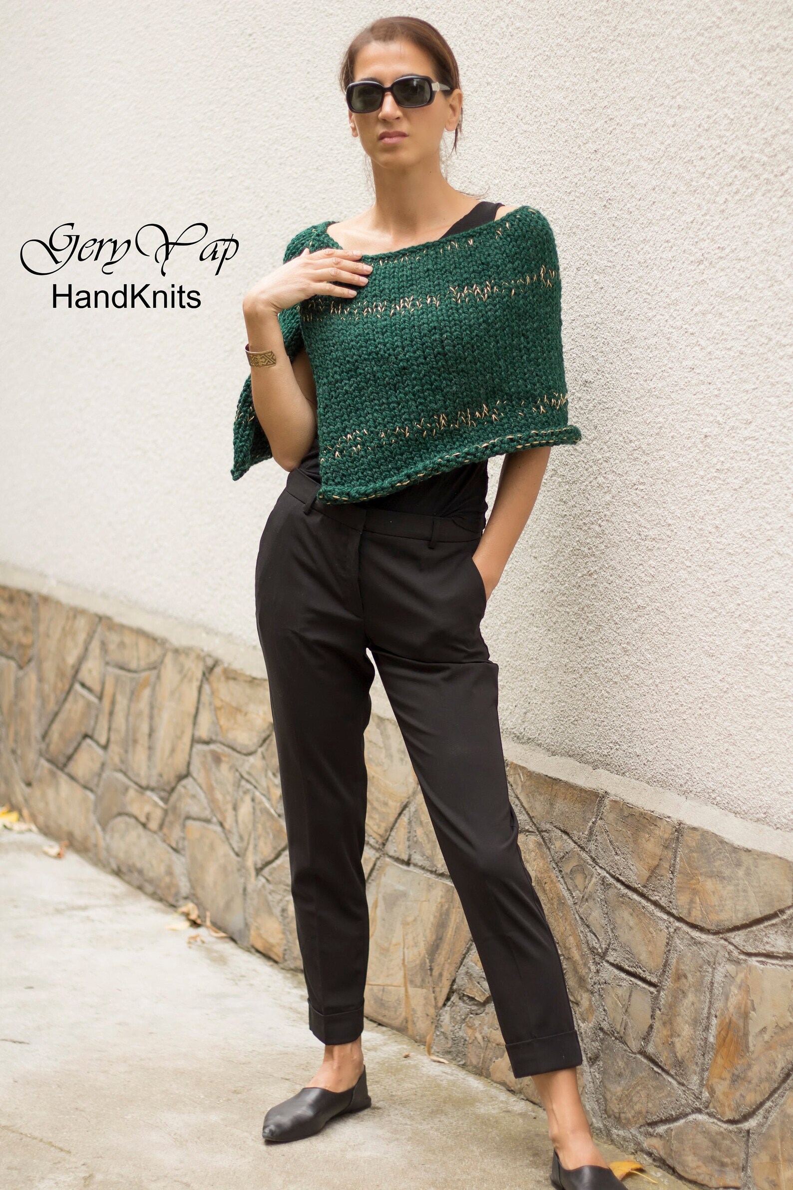 Women's Wool Acrylic Poncho Shrug Hand Knit Cape Dark Green With Golden ...