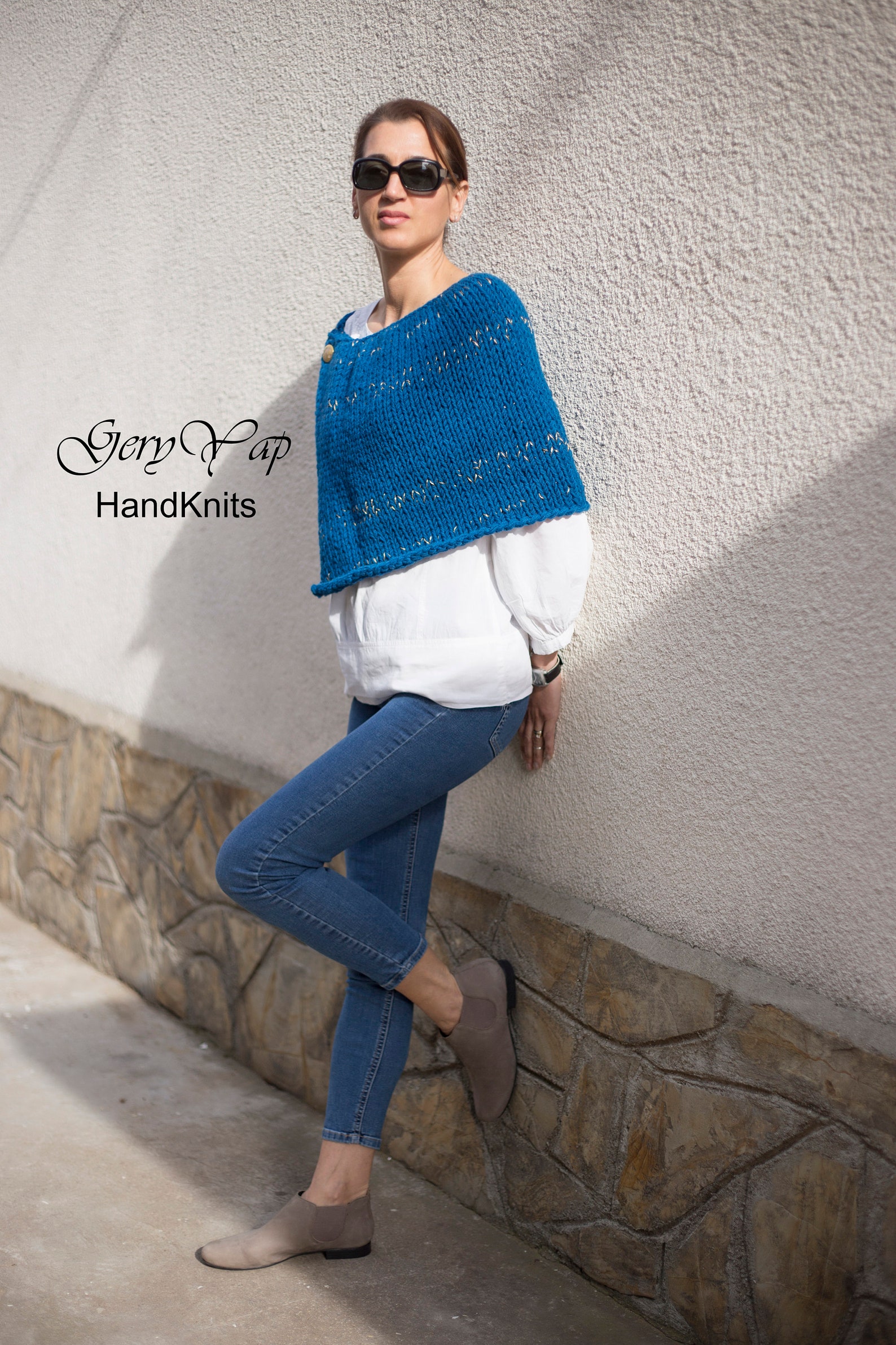 Women's Wool Acrylic Poncho Shrug Hand Knit Cape in Blue With Golden ...