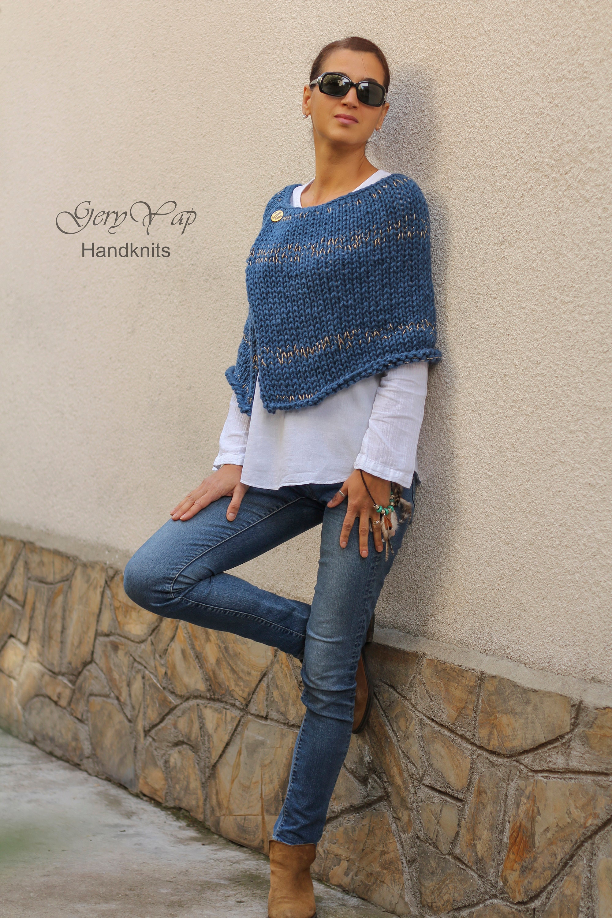 Women's Winter Poncho Shrug - Hand Knit Cape - Denim Blue With Golden ...