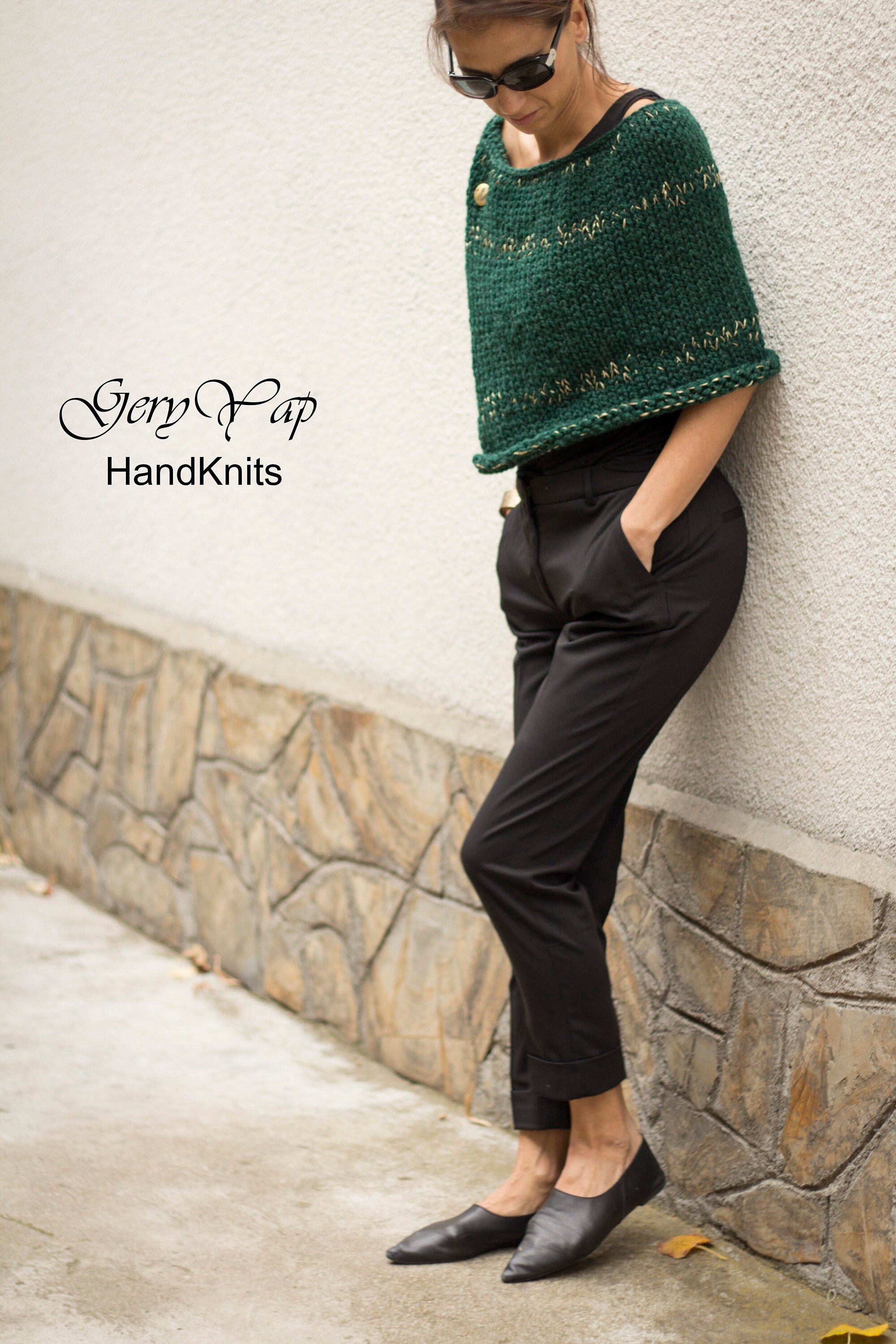 Women's Wool Acrylic Poncho Shrug Hand Knit Cape Dark Green With Golden ...