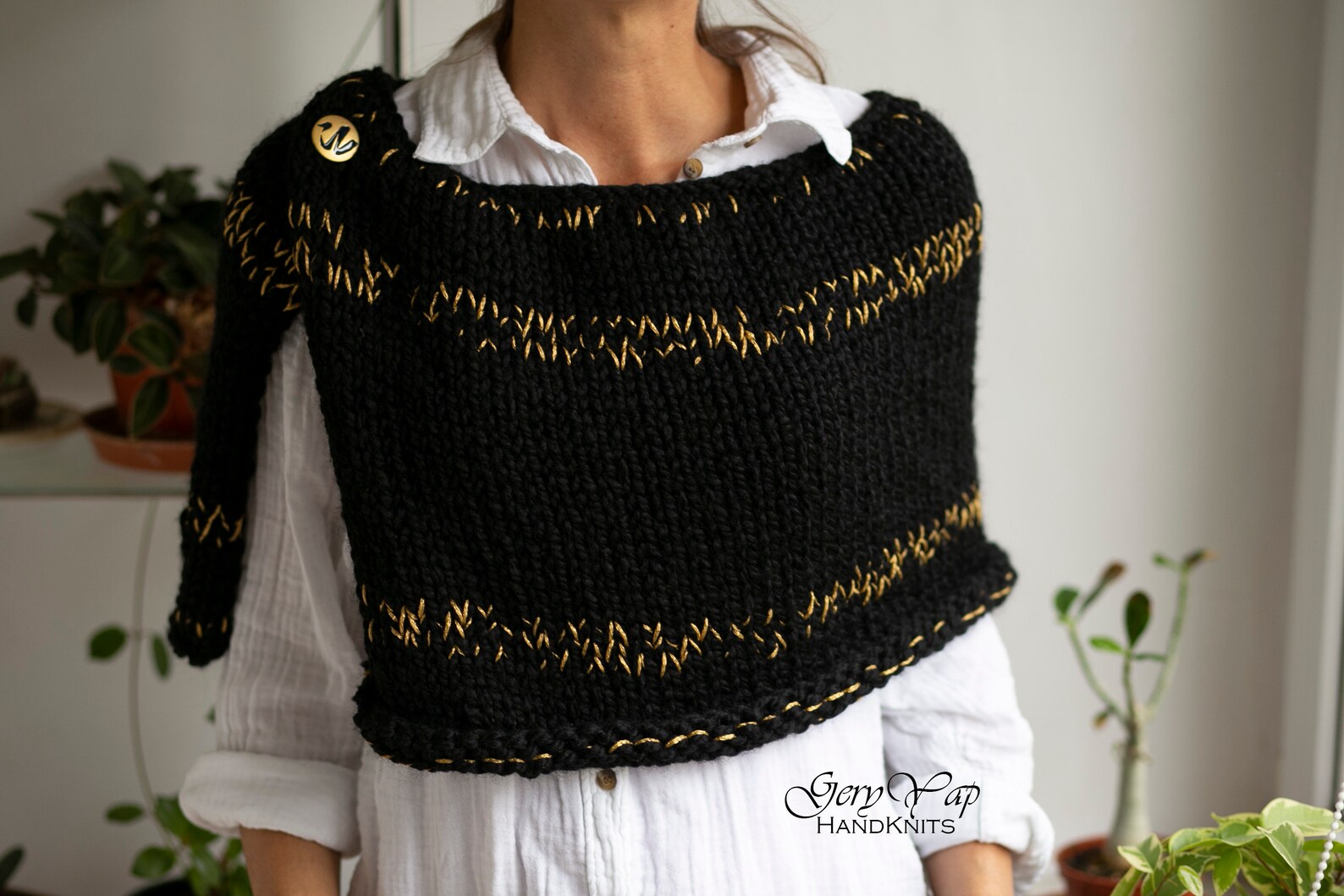 Women's Winter Poncho Shrug - Hand Knit Cape - Black With Golden ...