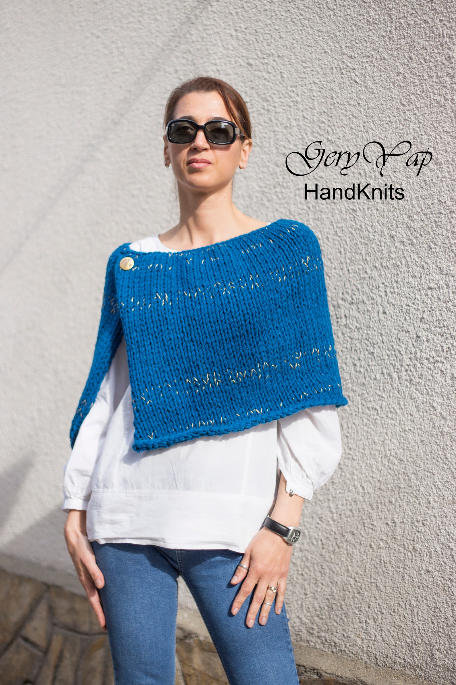Women's Wool Acrylic Poncho Shrug Hand Knit Cape in Blue With Golden ...