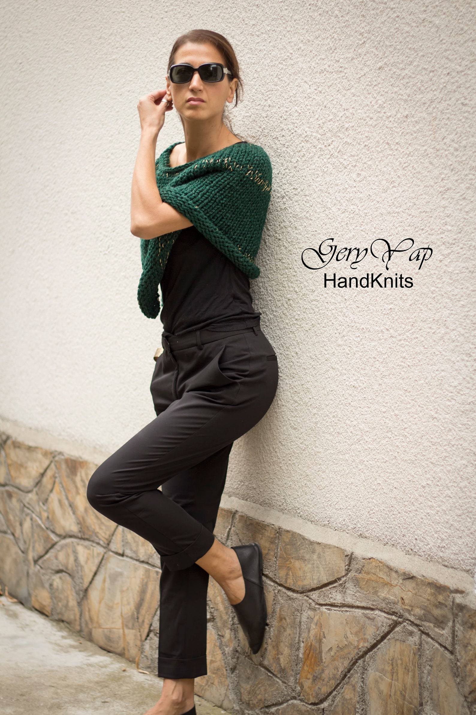 Women's Wool Acrylic Poncho Shrug Hand Knit Cape Dark Green With Golden ...