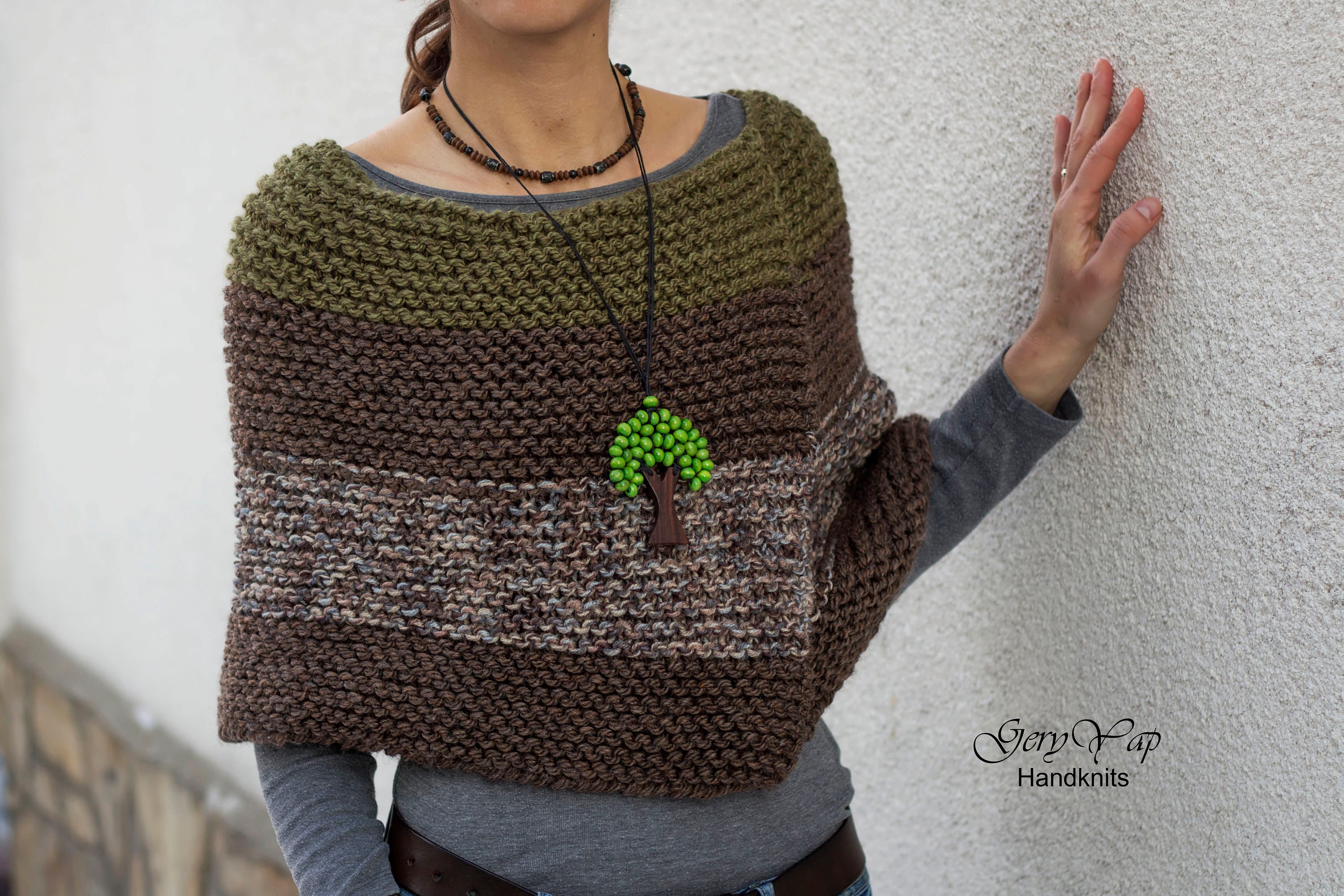 Women's Wool Poncho, Hand Knit Poncho, Stripped Poncho, Winter Hand ...