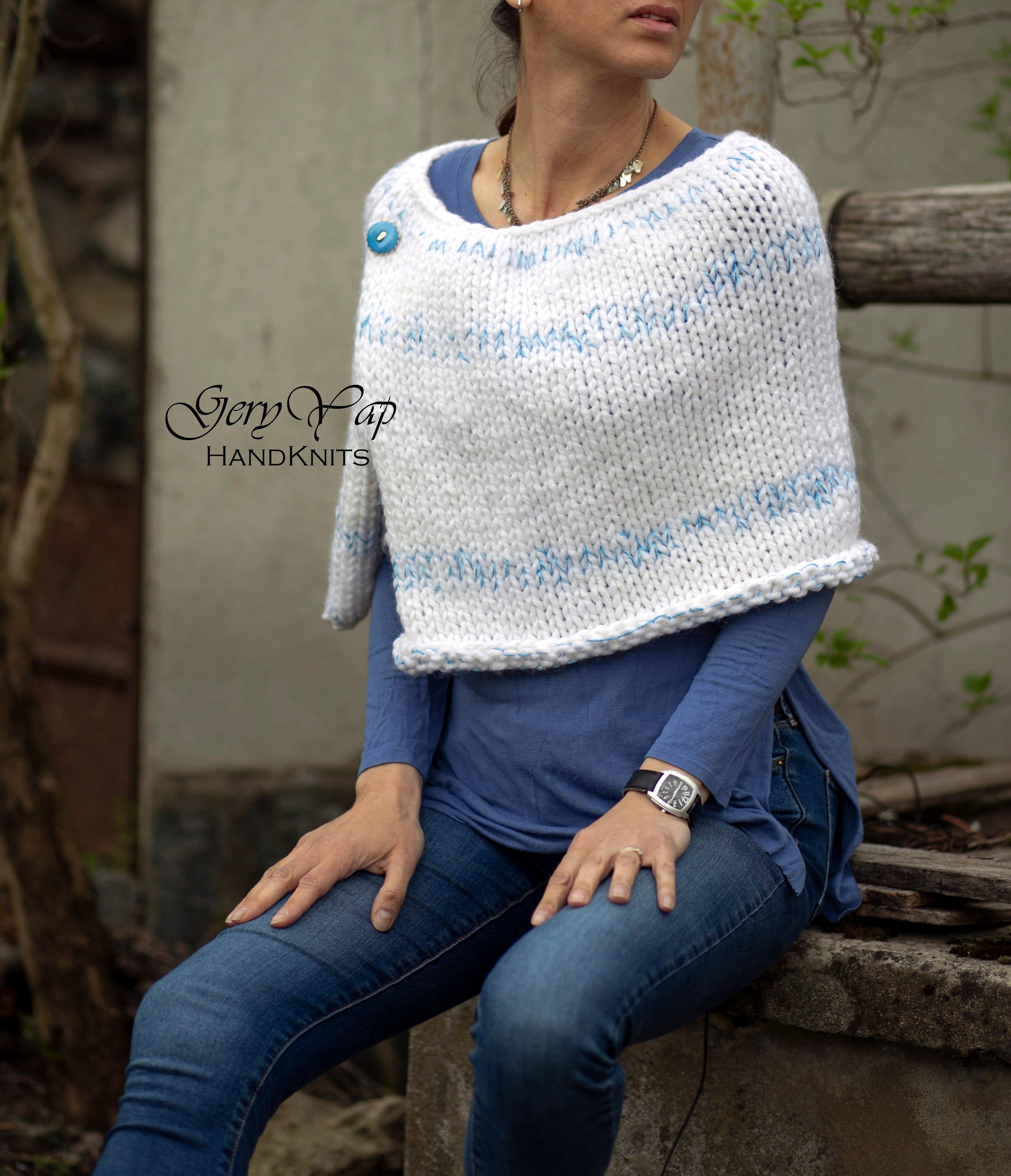 Women's Wool Acrylic Poncho Shrug Hand Knit Cape White Bridal Poncho ...