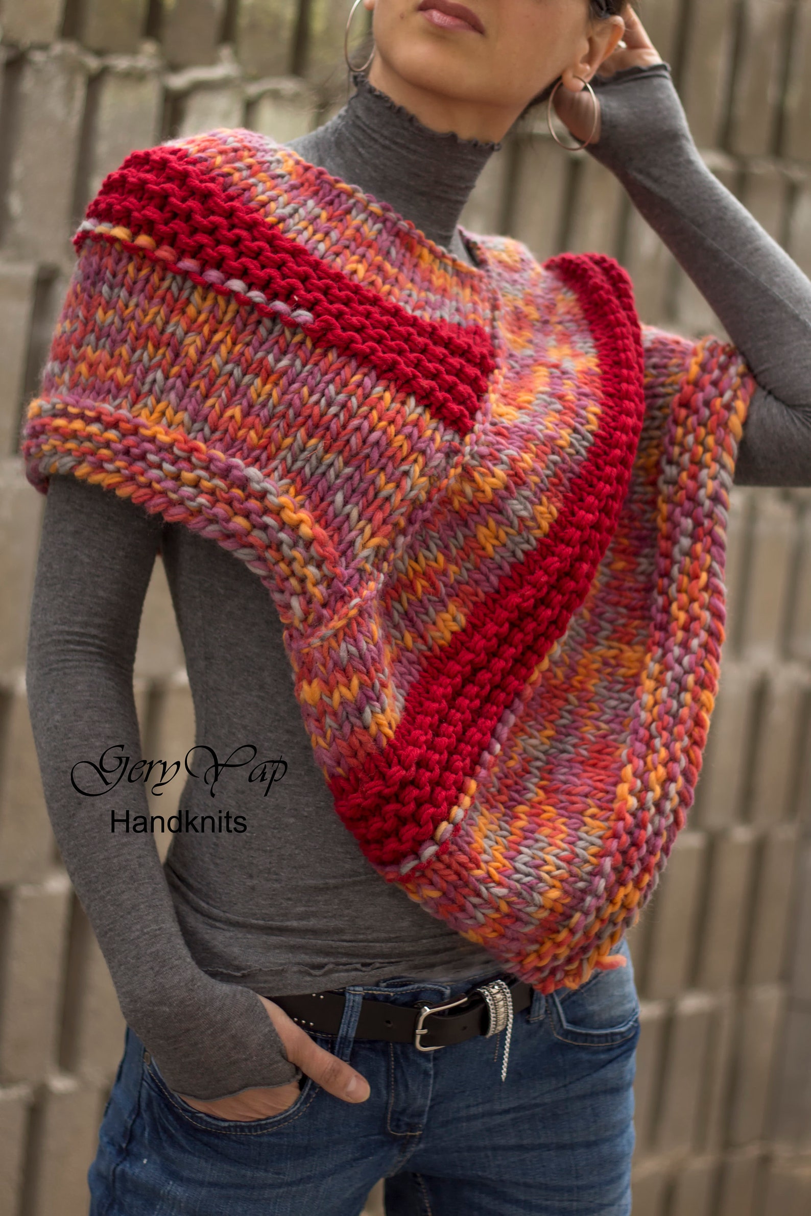 Women's Wool Poncho Hand Knitted Poncho Multicolor Rainbow Red Chunky ...