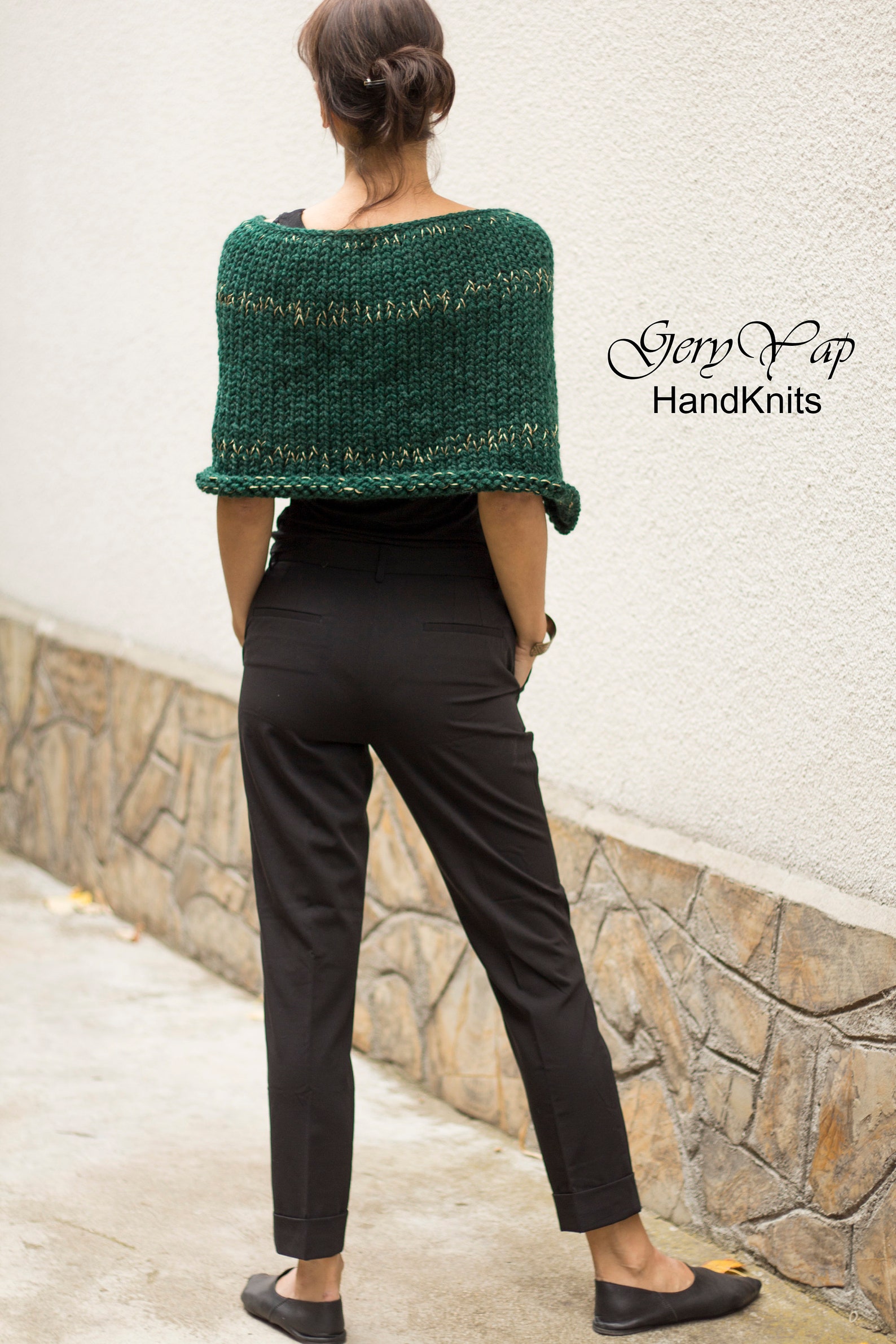 Women's Wool Acrylic Poncho Shrug Hand Knit Cape Dark Green With Golden ...
