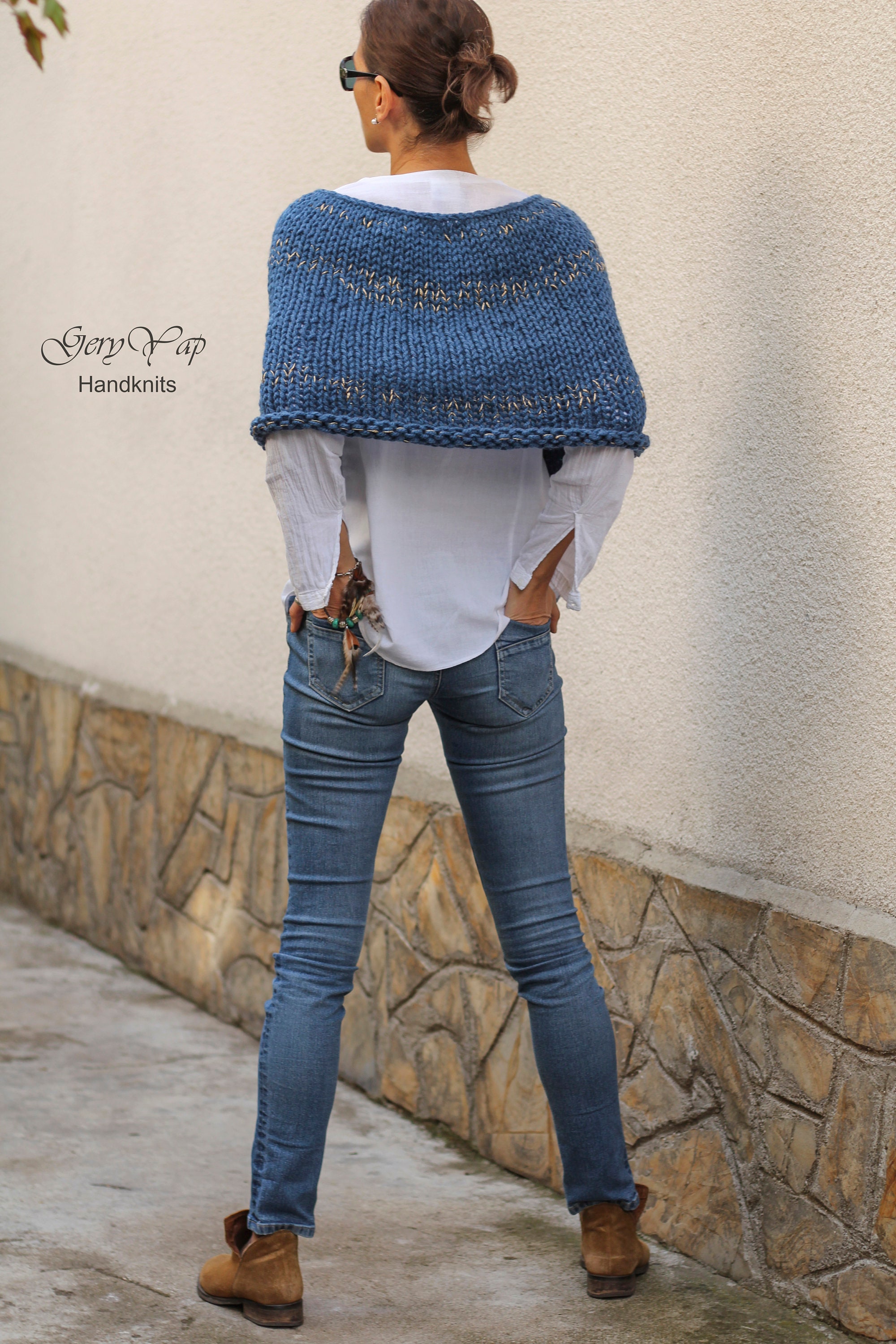 Women's Winter Poncho Shrug - Hand Knit Cape - Denim Blue With Golden ...