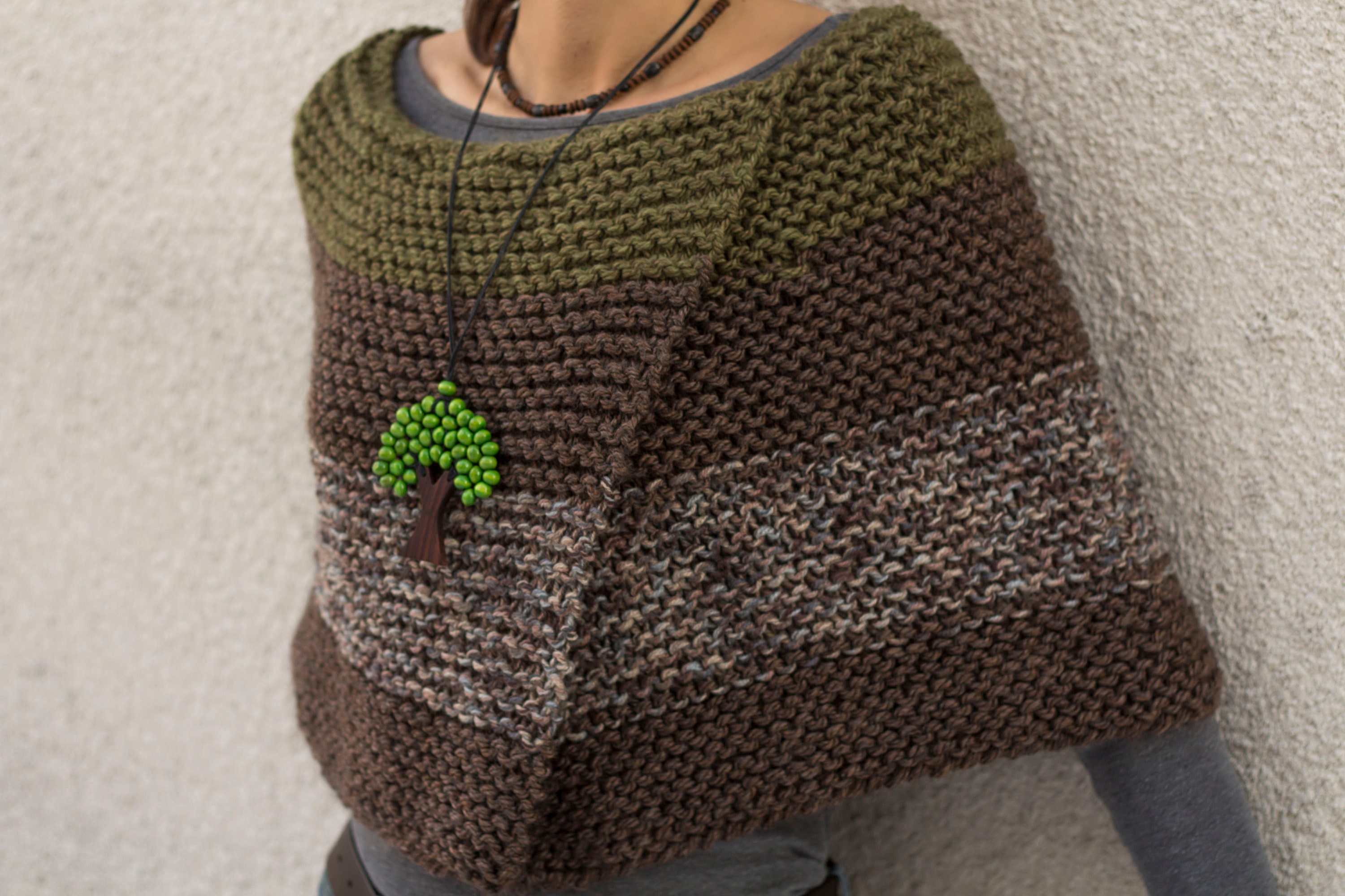 Women's Wool Poncho, Hand Knit Poncho, Stripped Poncho, Winter Hand ...