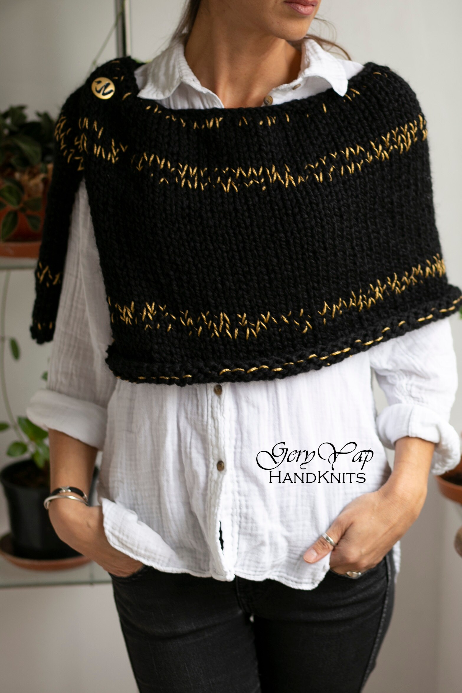 Women's Winter Poncho Shrug - Hand Knit Cape - Black With Golden ...