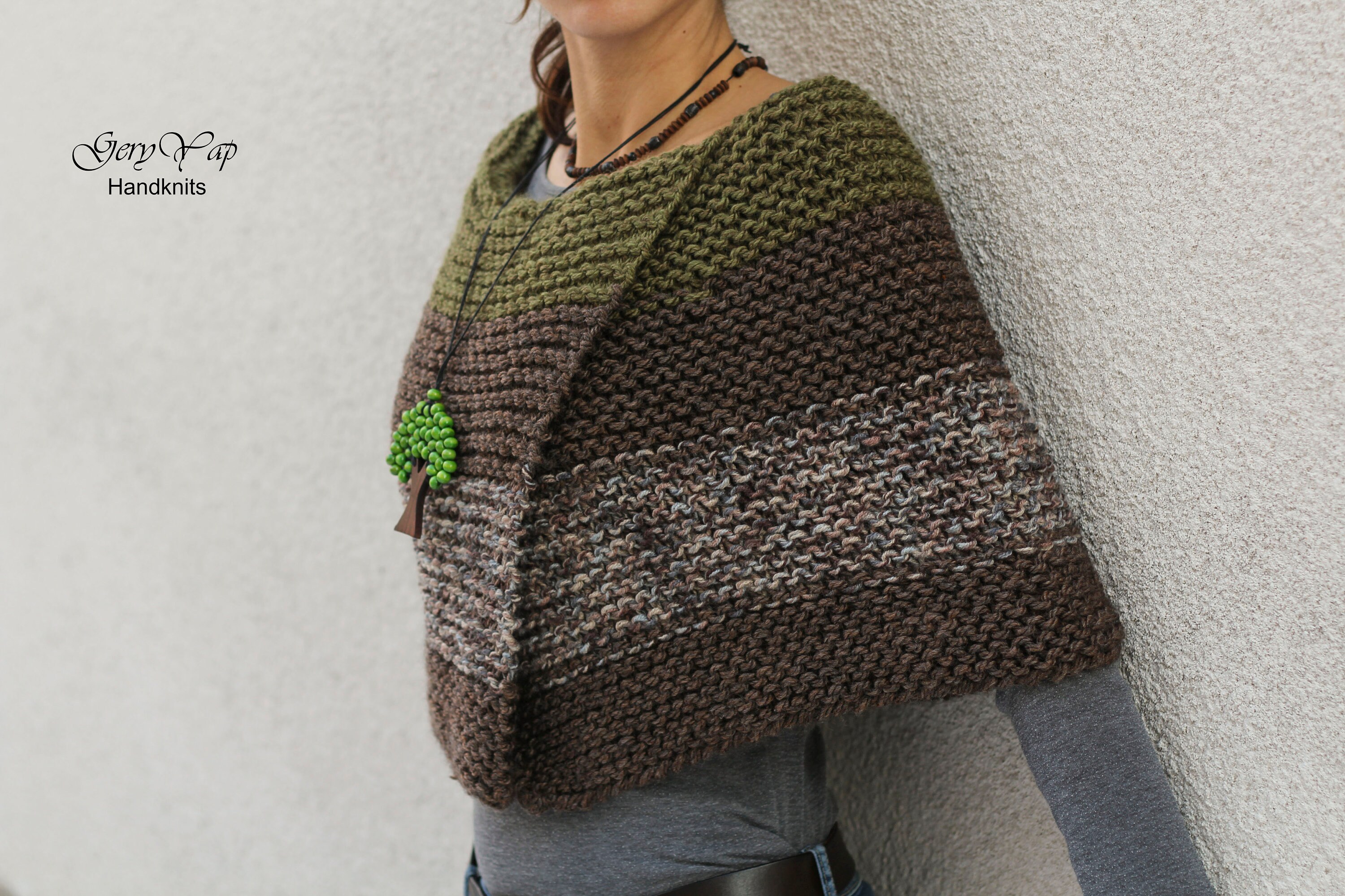 Women's Wool Poncho, Hand Knit Poncho, Stripped Poncho, Winter Hand ...