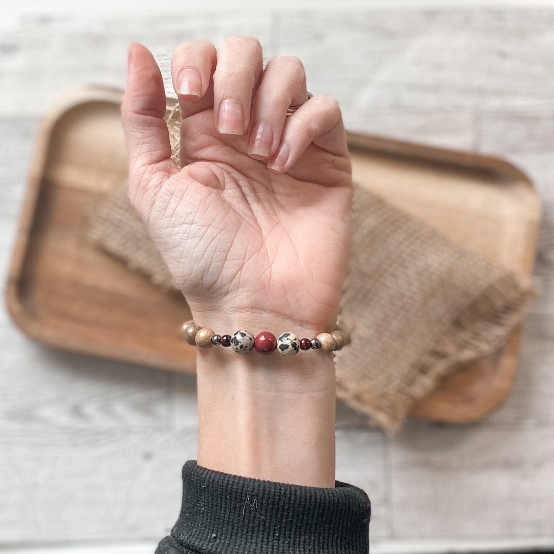 Dalmatian Jasper, Scented Bracelet, Wood Beaded Jewelry, Lava Stone ...