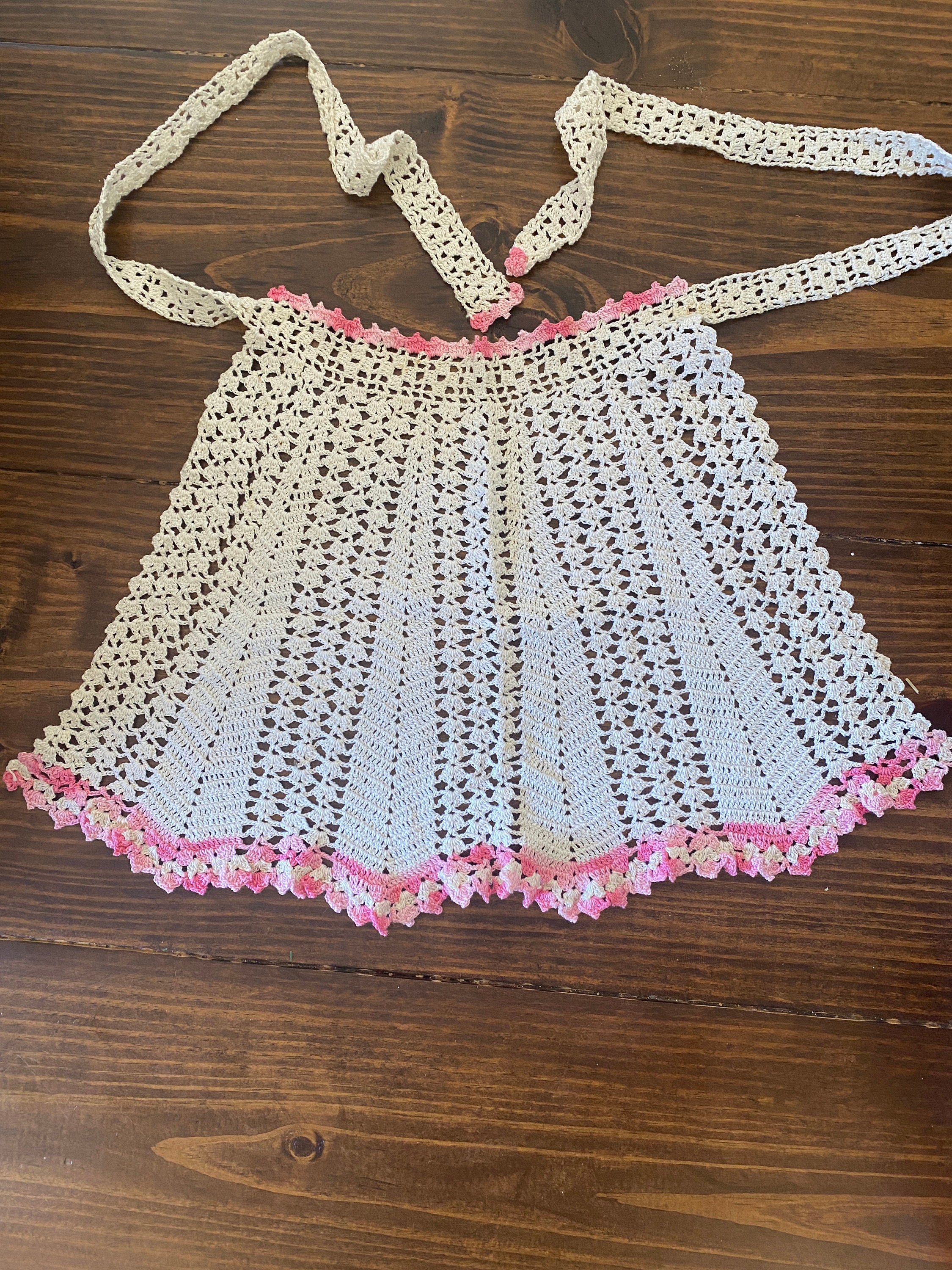 Vintage Crochet Apron White and Pink - Etsy