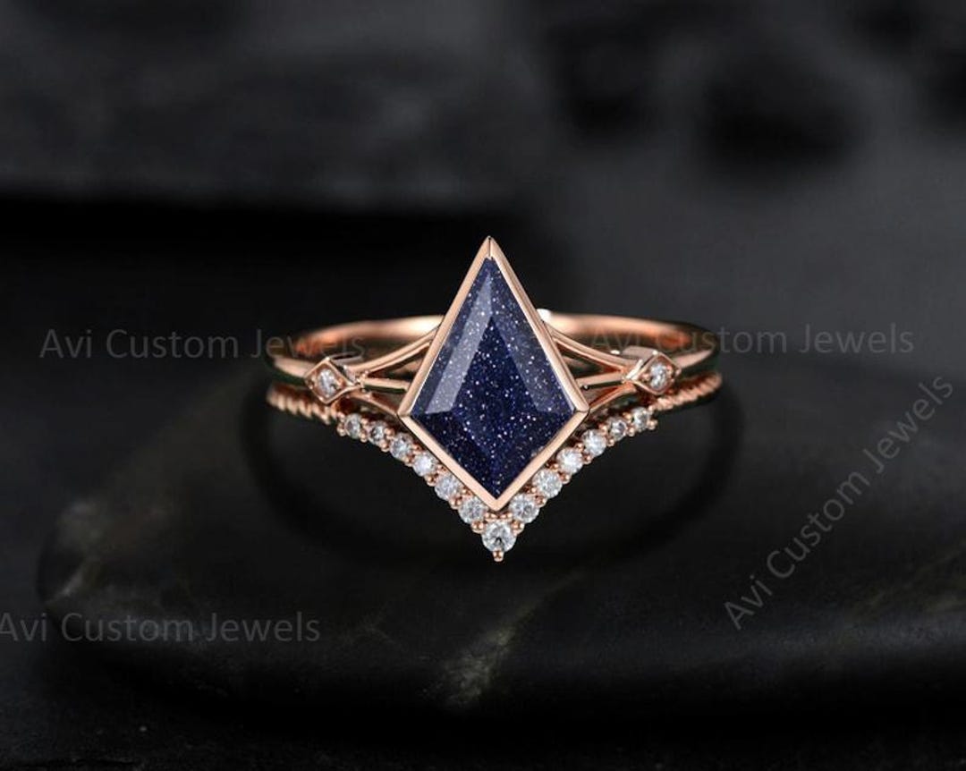 Kite Cut Blue Goldstone Engagement Ring Set | Rose Gold Diamond Band - Etsy