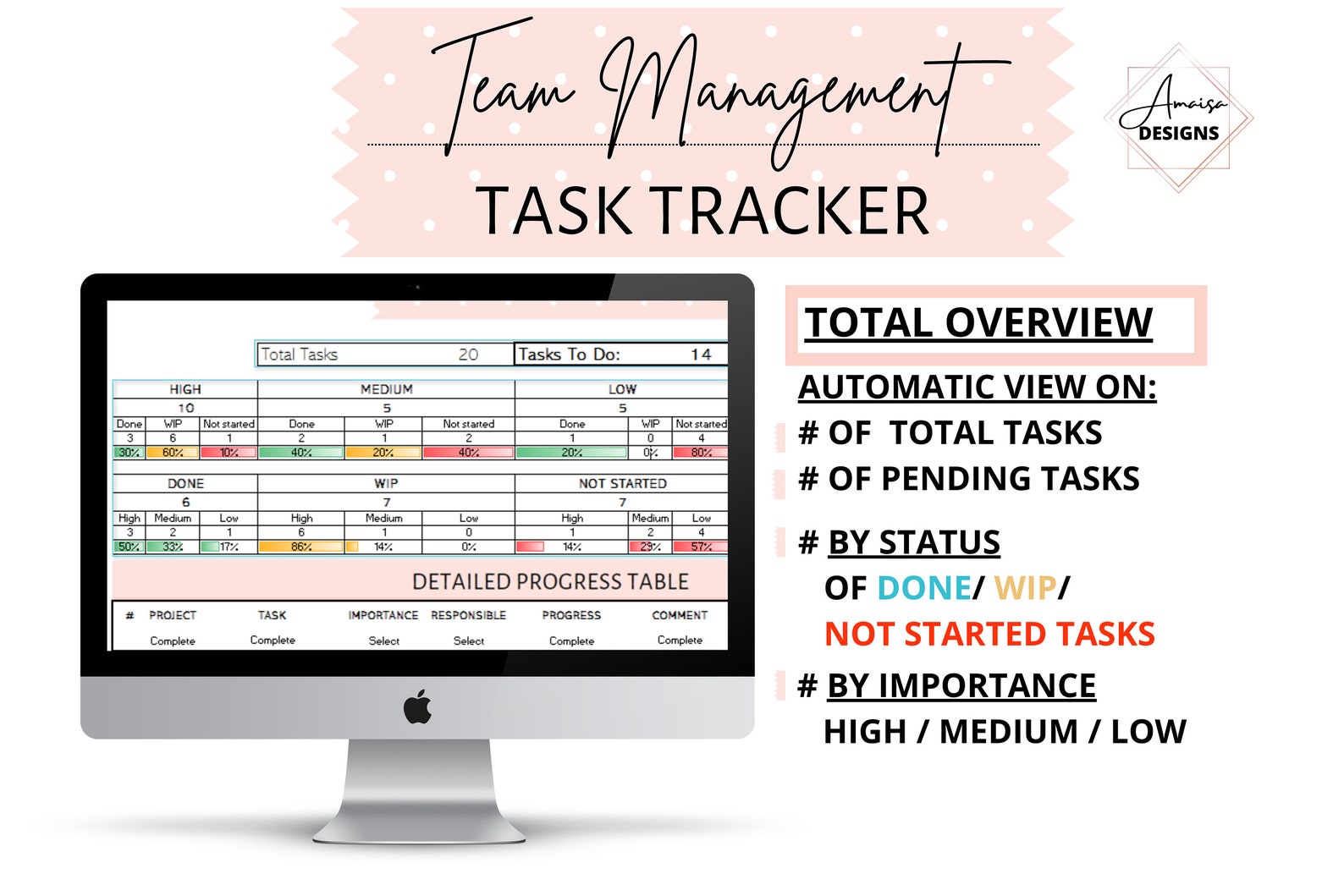 Management Tasks Tracker Planner | Excel to Do List | Excel Task ...