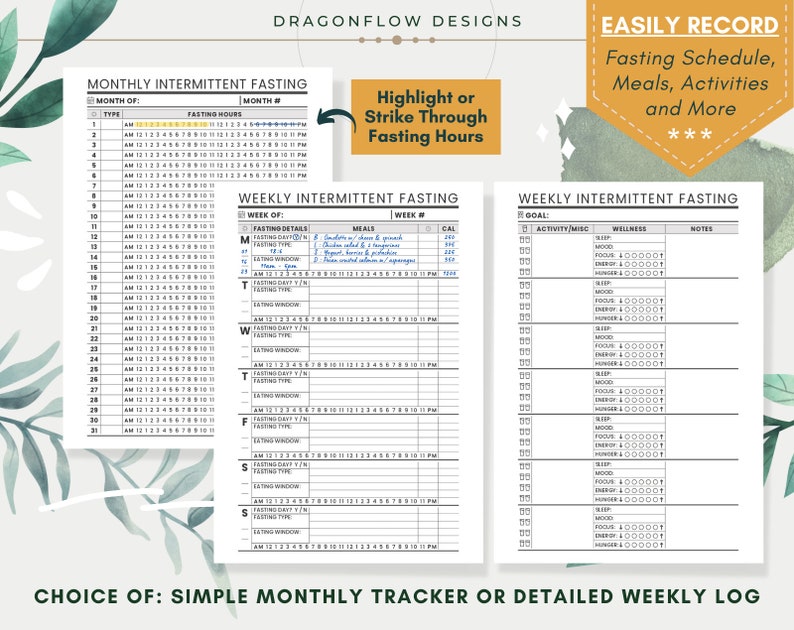 Intermittent Fasting Log Template Printable IF Schedule Tracker, Record ...